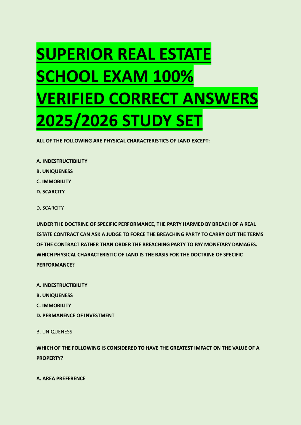 SUPERIOR REAL ESTATE SCHOOL EXAM 100% VERIFIED CORRECT ANSWERS 2025/2026 STUDY SET | Exams ...