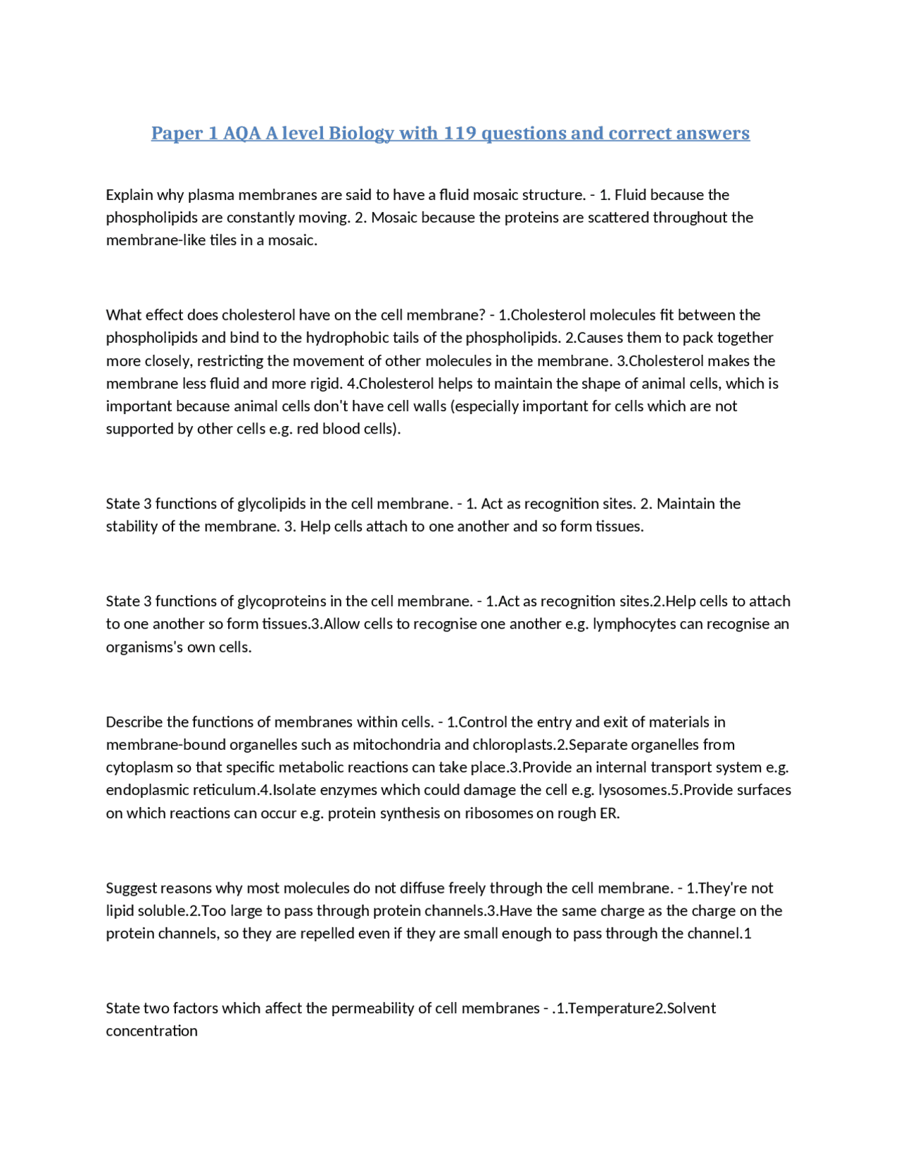 AQA A Level Biology: Cell Membranes and Transport - 119 Questions and ...