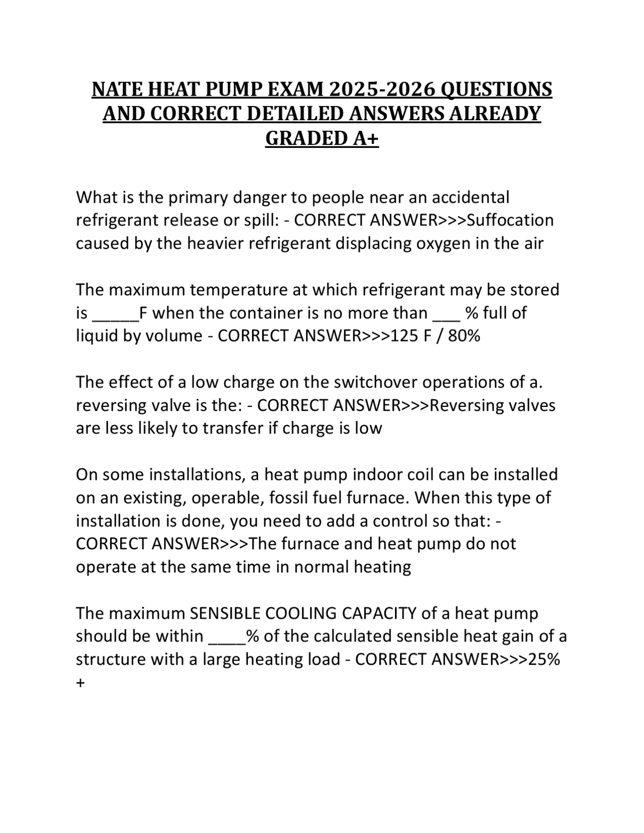 NATE Heat Pump Exam Questions and Answers 2025-2026 | Exams Nursing ...