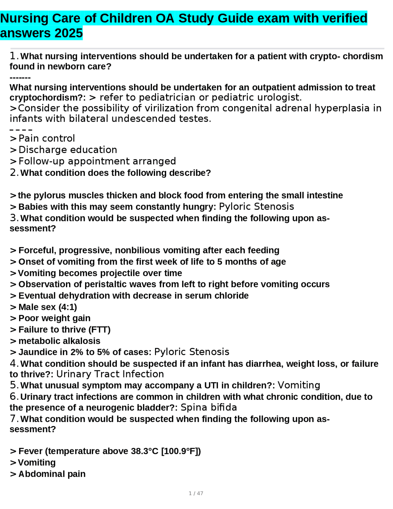 Nursing Care of Children OA Study Guide exam with verified answers 2025 ...