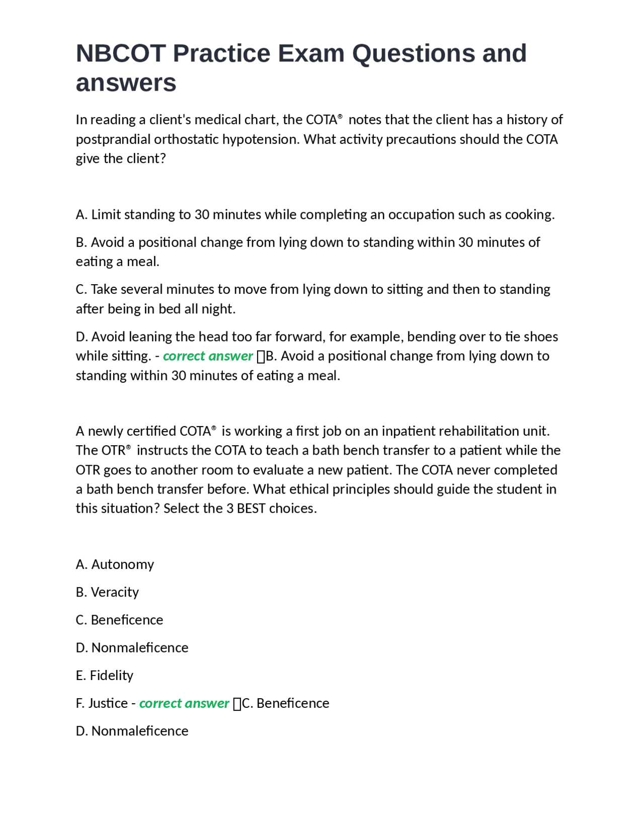 NBCOT Practice Exam Questions and Answers for Occupational Therapy ...