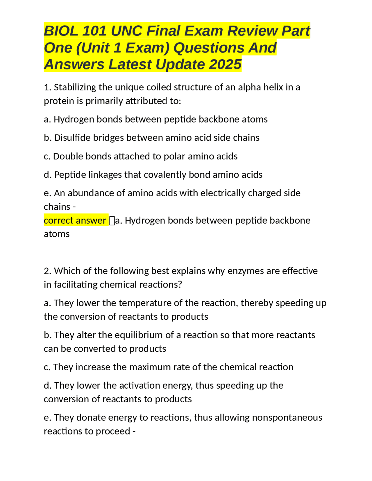 BIOL 101 UNC Final Exam Review Part One (Unit 1 Exam) Questions And ...