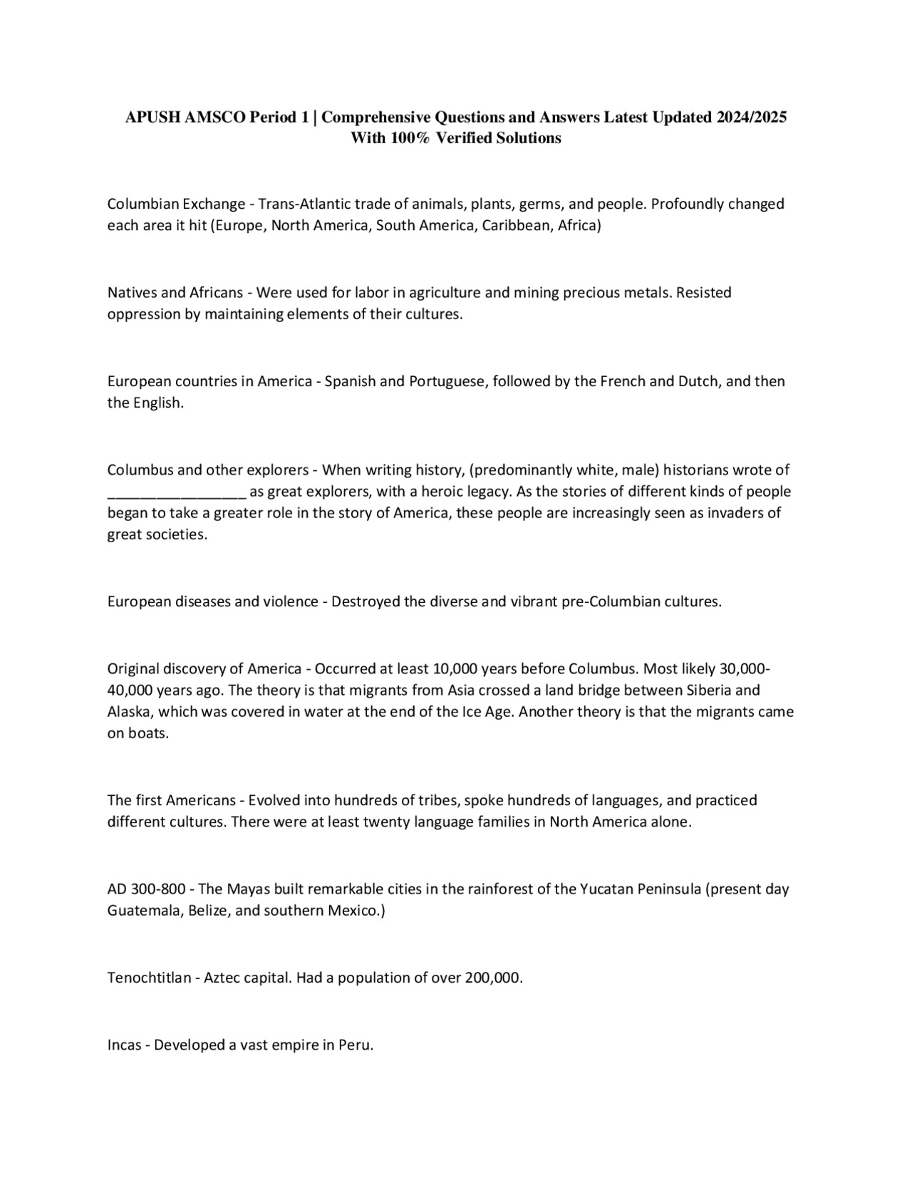 APUSH AMSCO Period 1: Comprehensive Questions and Answers for 2024/2025 ...
