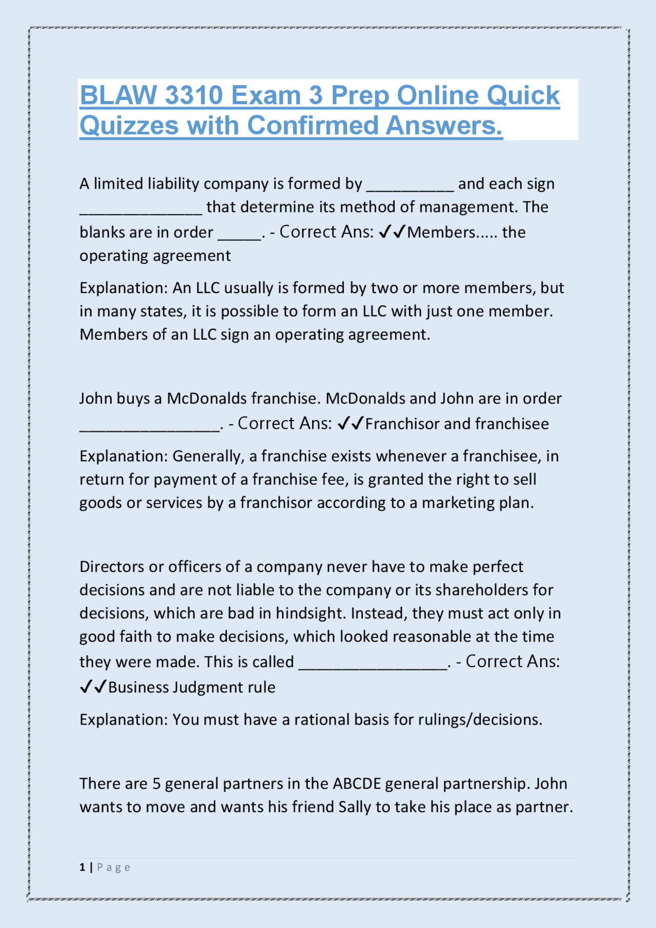 BLAW 3310 Exam 3 Prep: Business Law Multiple Choice Questions and Answers | Exams Law | Docsity