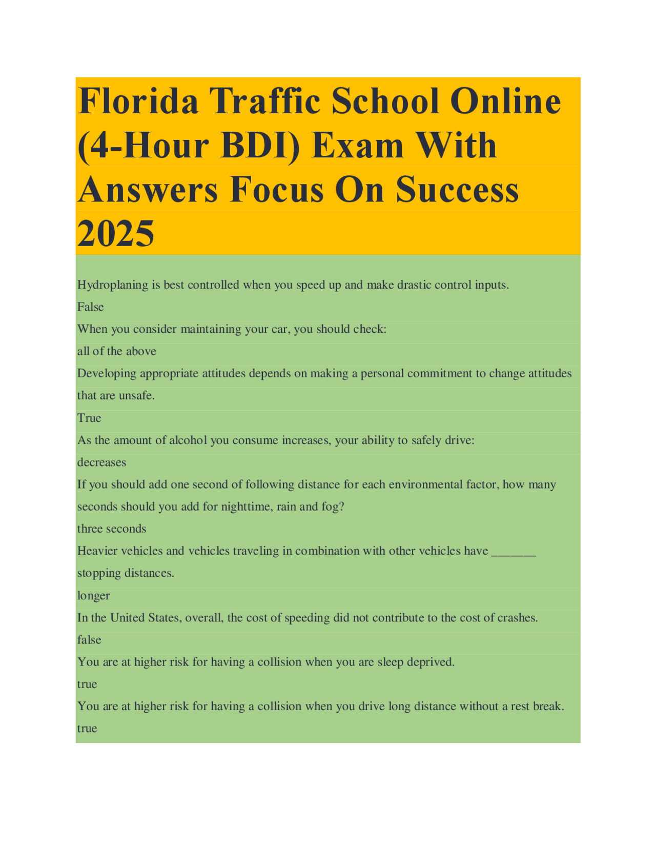 Florida Traffic School Online (4-Hour BDI) Exam With Answers Focus On ...