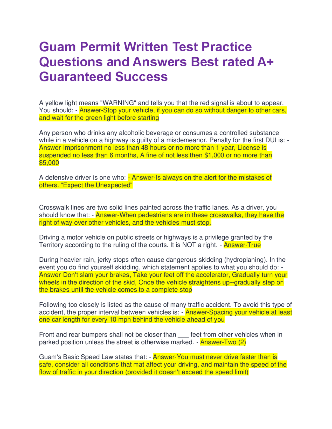Guam Permit Written Test Practice Questions and Answers | Exams ...