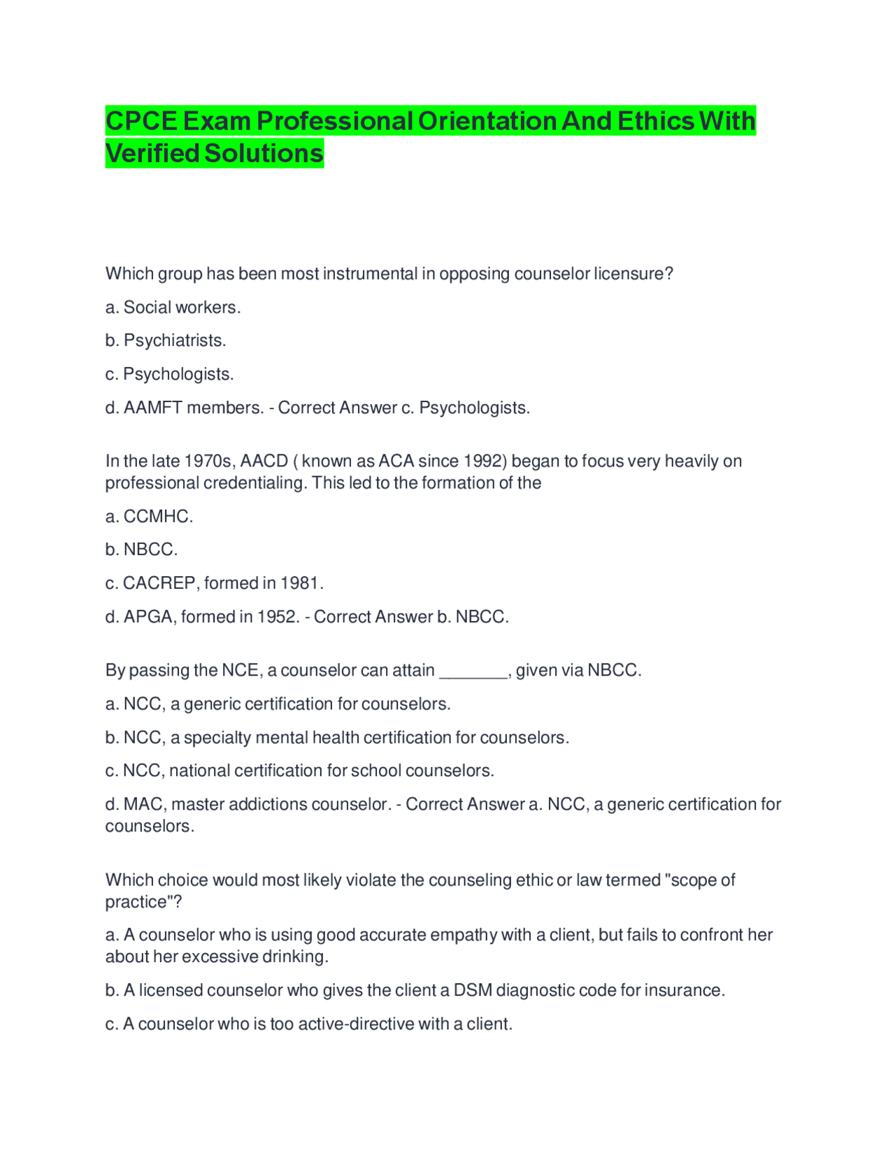 CPCE Exam Professional Orientation And Ethics: Multiple Choice ...