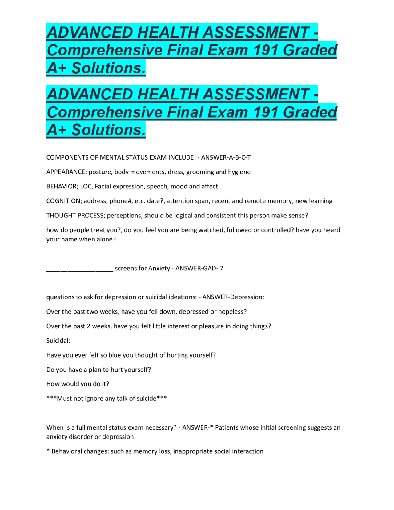 Advanced Health Assessment: Comprehensive Final Exam Review | Exams ...