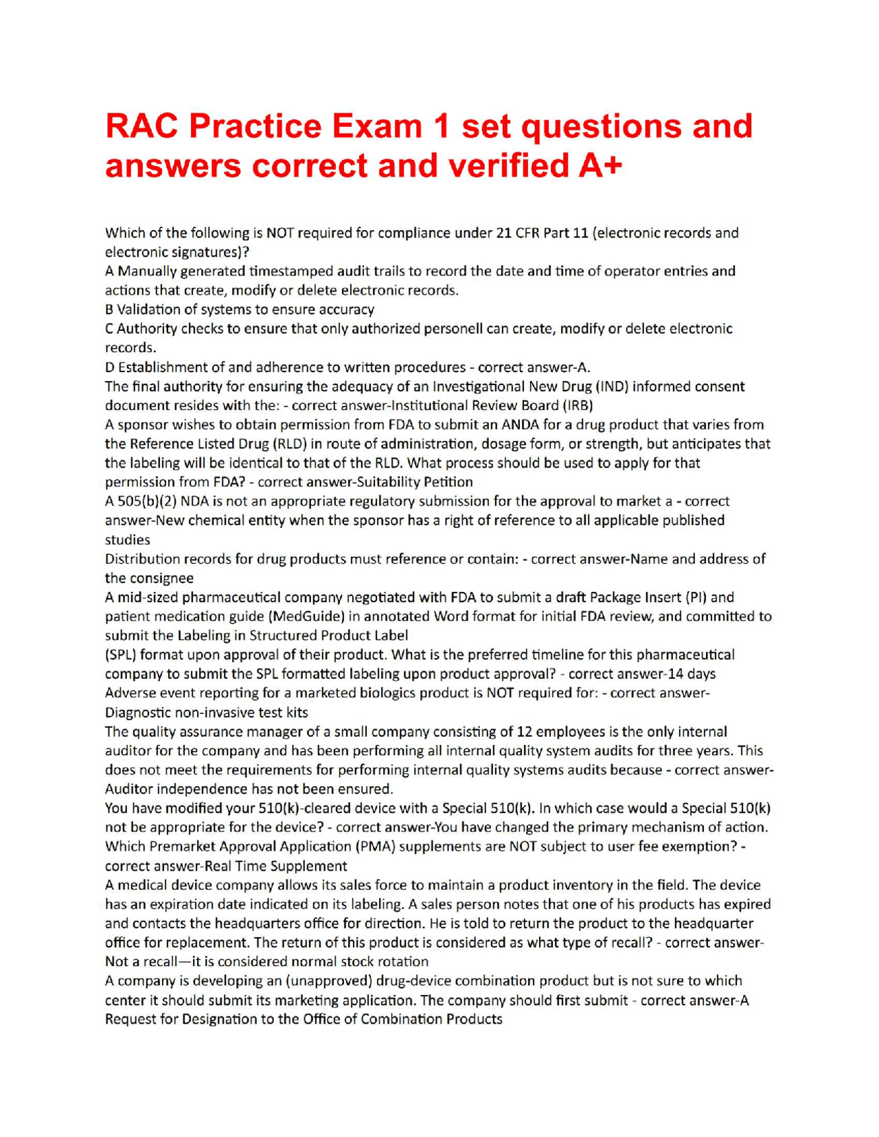 RAC Practice Exam 1 set questions and answers correct and verified A ...