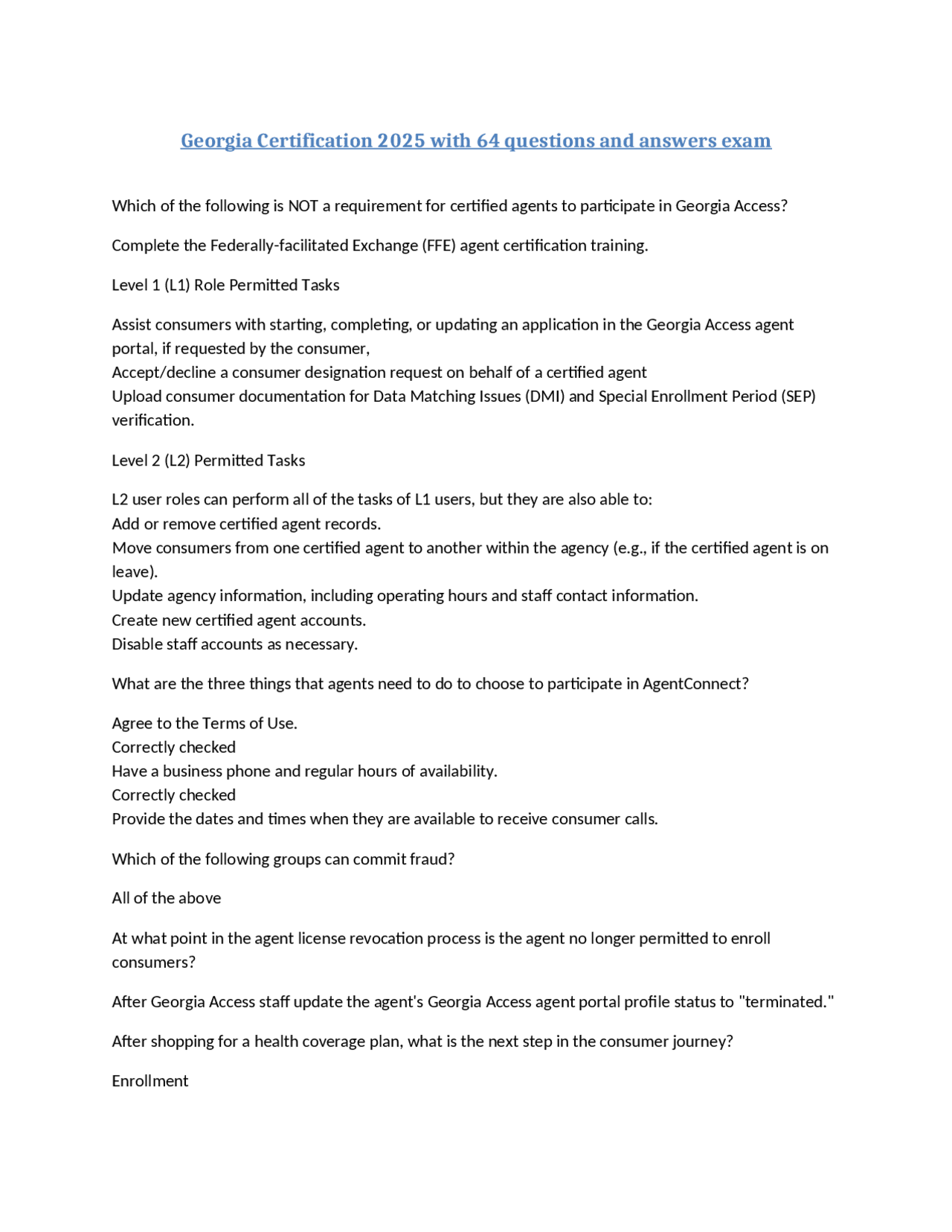 Georgia Access Certification Exam: 64 Questions and Answers | Exams ...