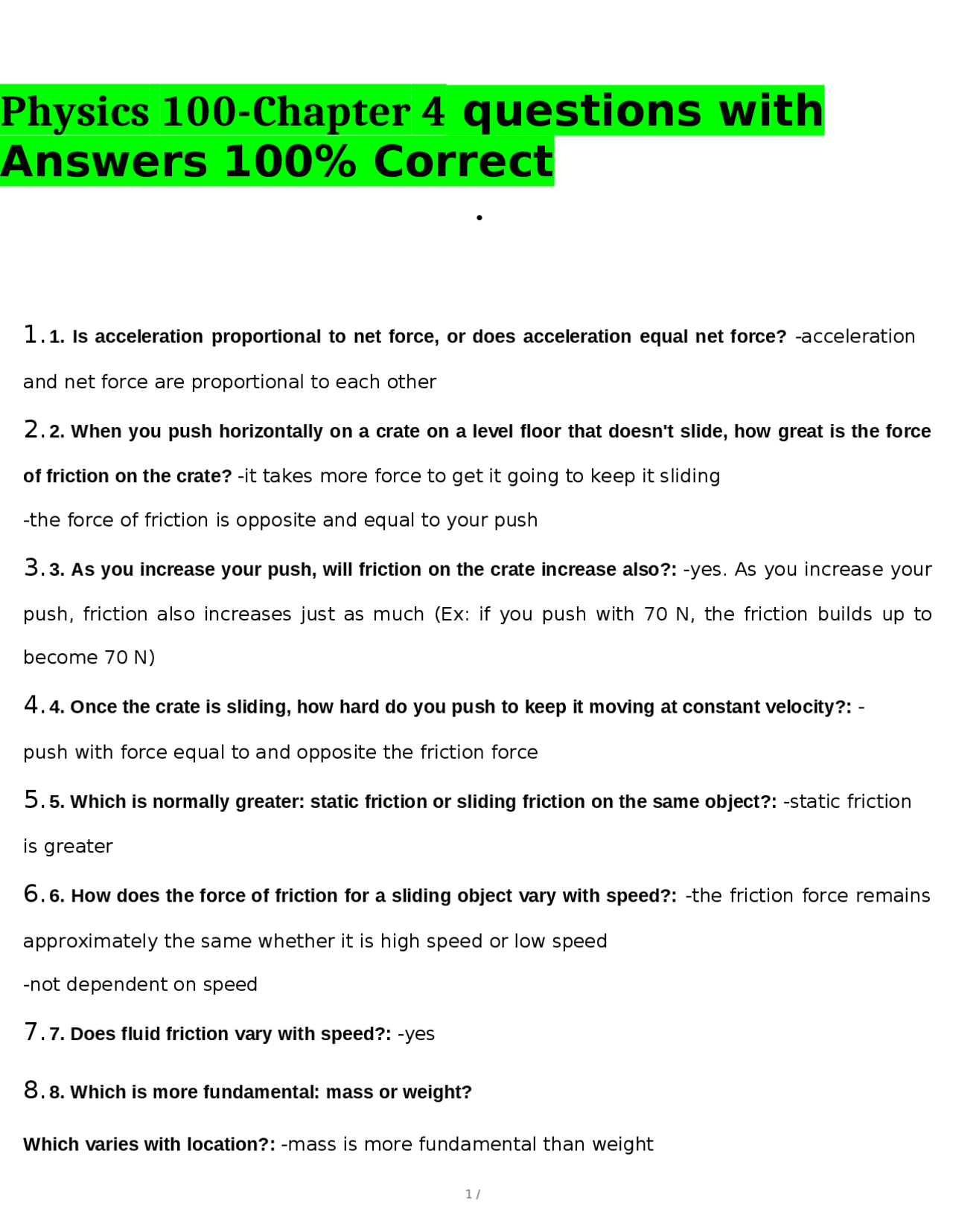 Physics 100 - Chapter 4: Forces and Motion - Questions and Answers ...