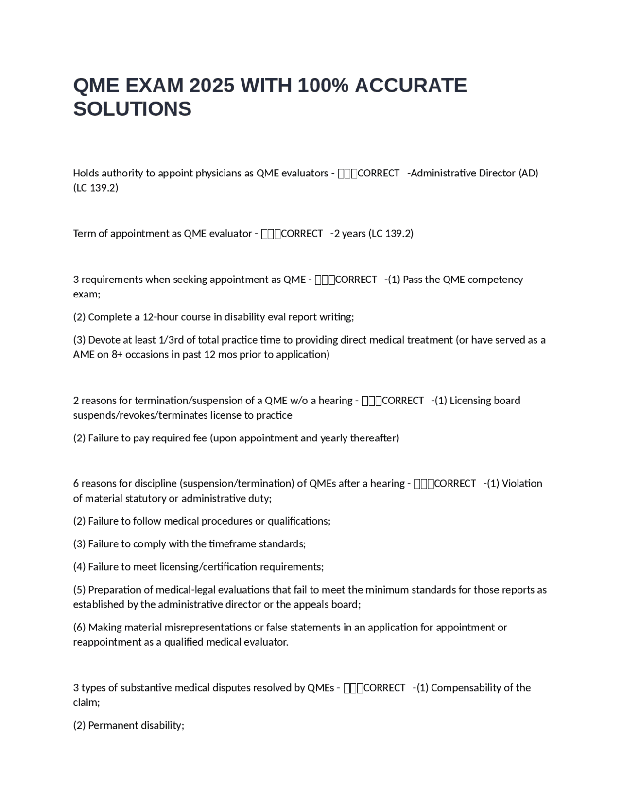 QME Exam 2025: Comprehensive Guide with Solutions | Exams Nursing | Docsity