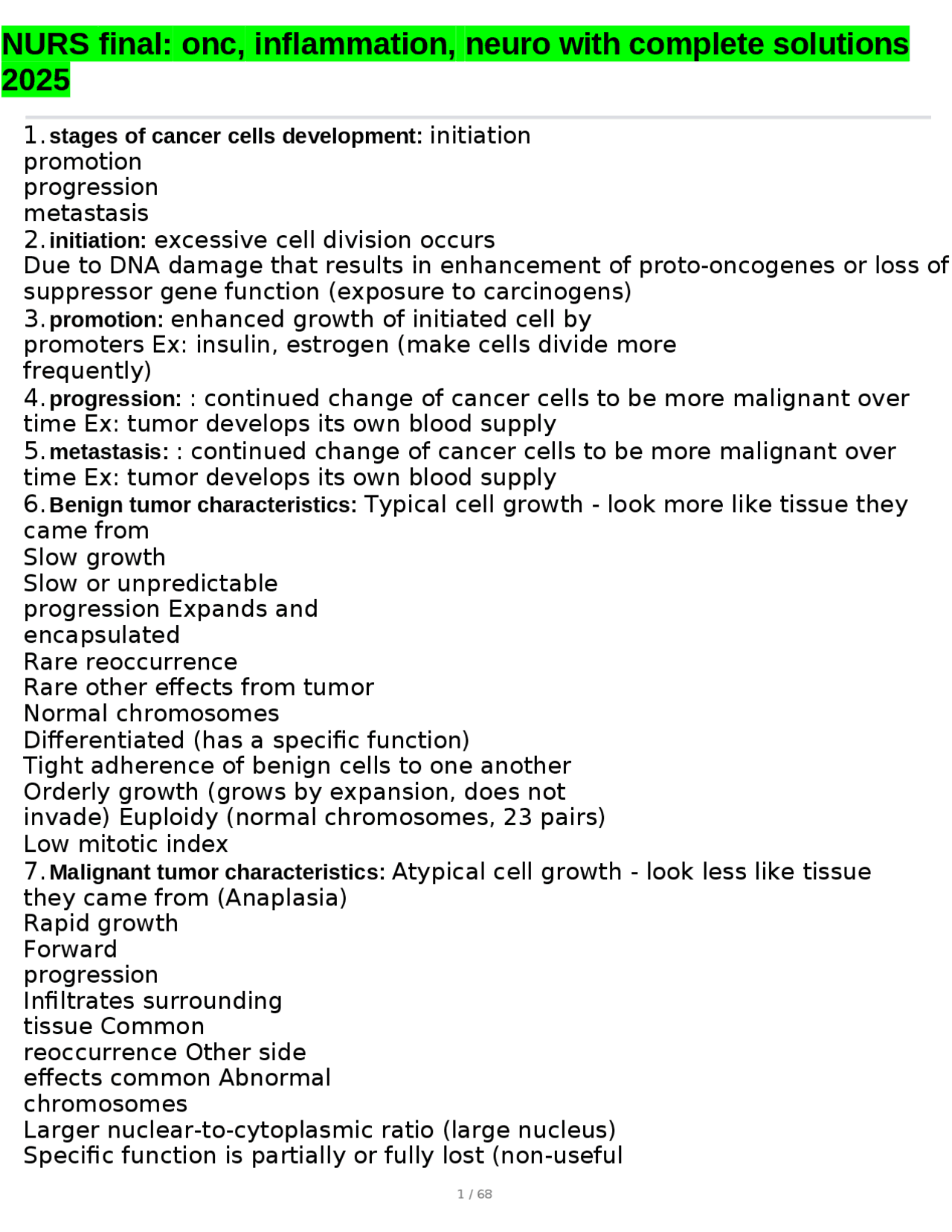 NURS Final: Oncology, Inflammation, and Neuro with Complete Solutions | Exams Nursing | Docsity
