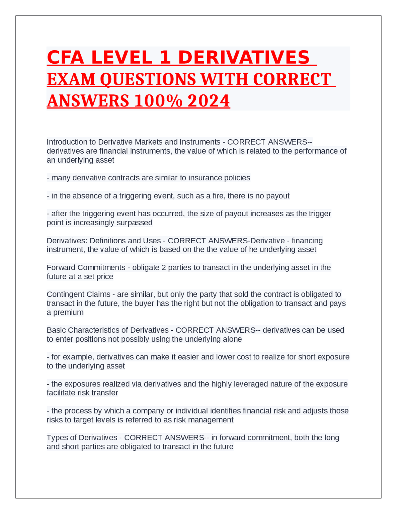 CFA LEVEL 1 DERIVATIVES EXAM QUESTIONS WITH CORRECT ANSWERS 100% 2024 ...
