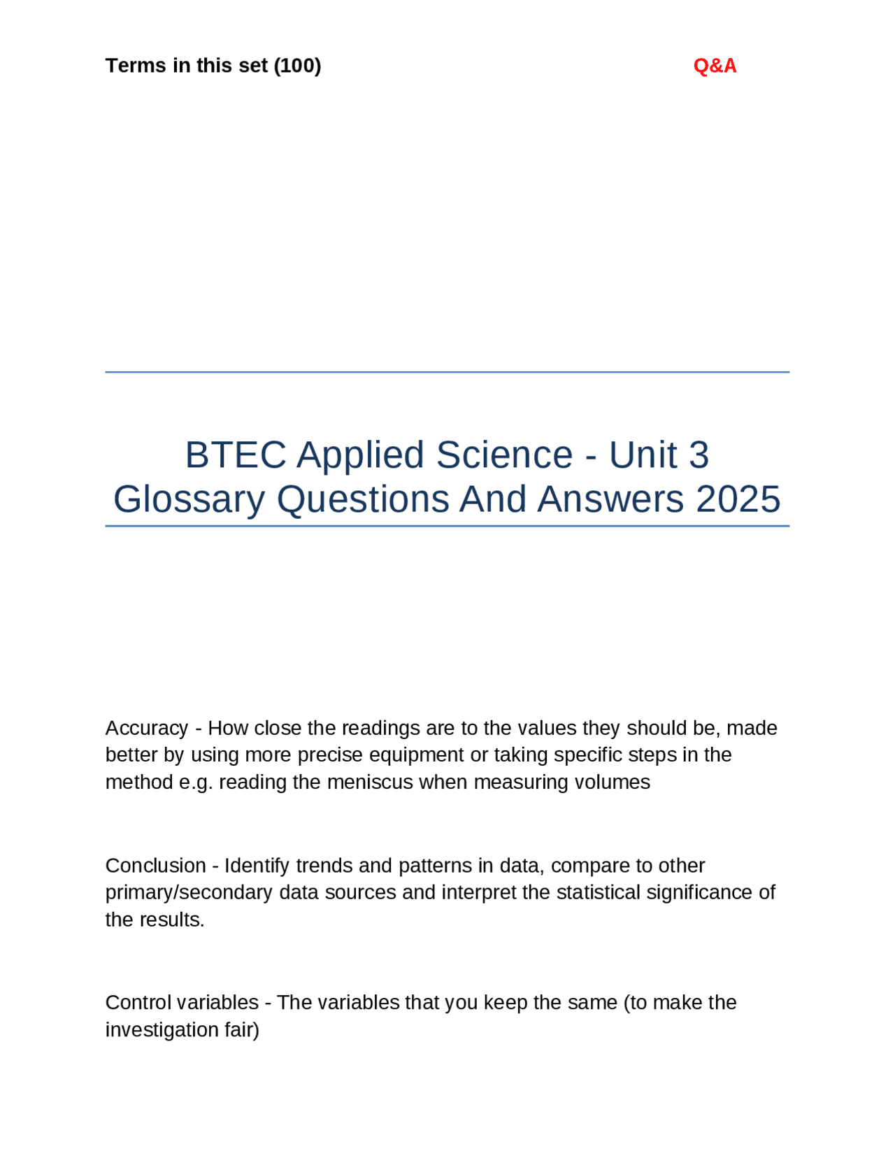 BTEC Applied Science - Unit 3 Glossary Questions And Answers 2025 | Exams Applied Computing ...