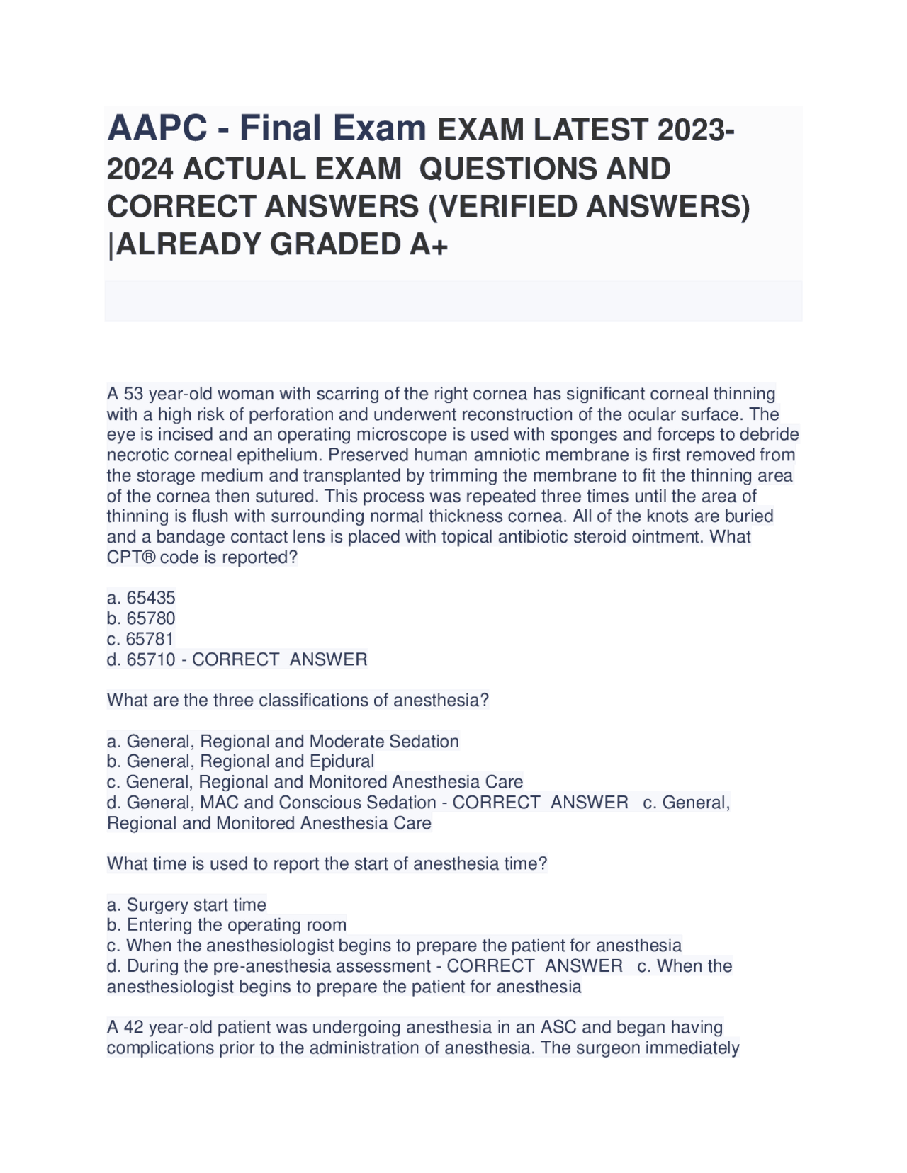 AAPC - Final Exam EXAM LATEST 2023- 2024 ACTUAL EXAM QUESTIONS AND ...