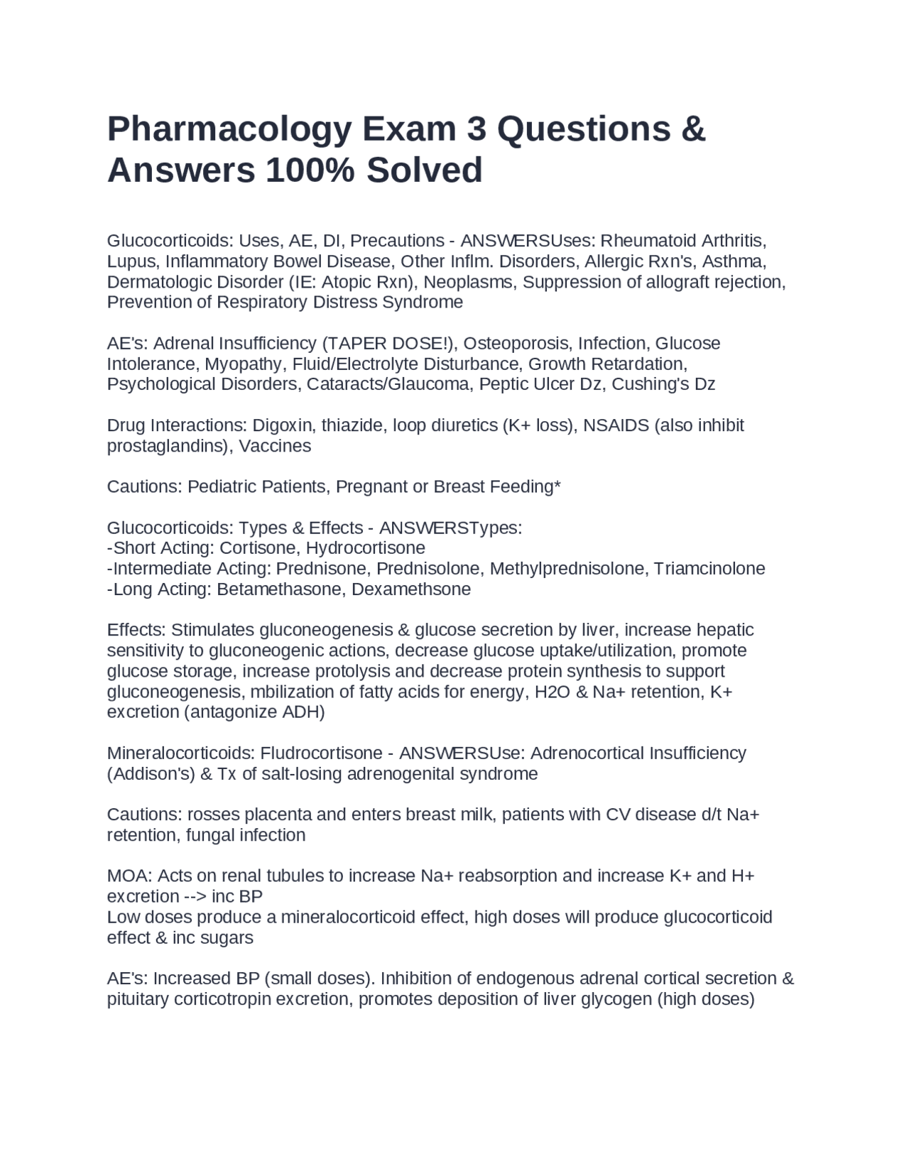 Pharmacology Exam 3 Questions & Answers 100% Solved | Exams ...