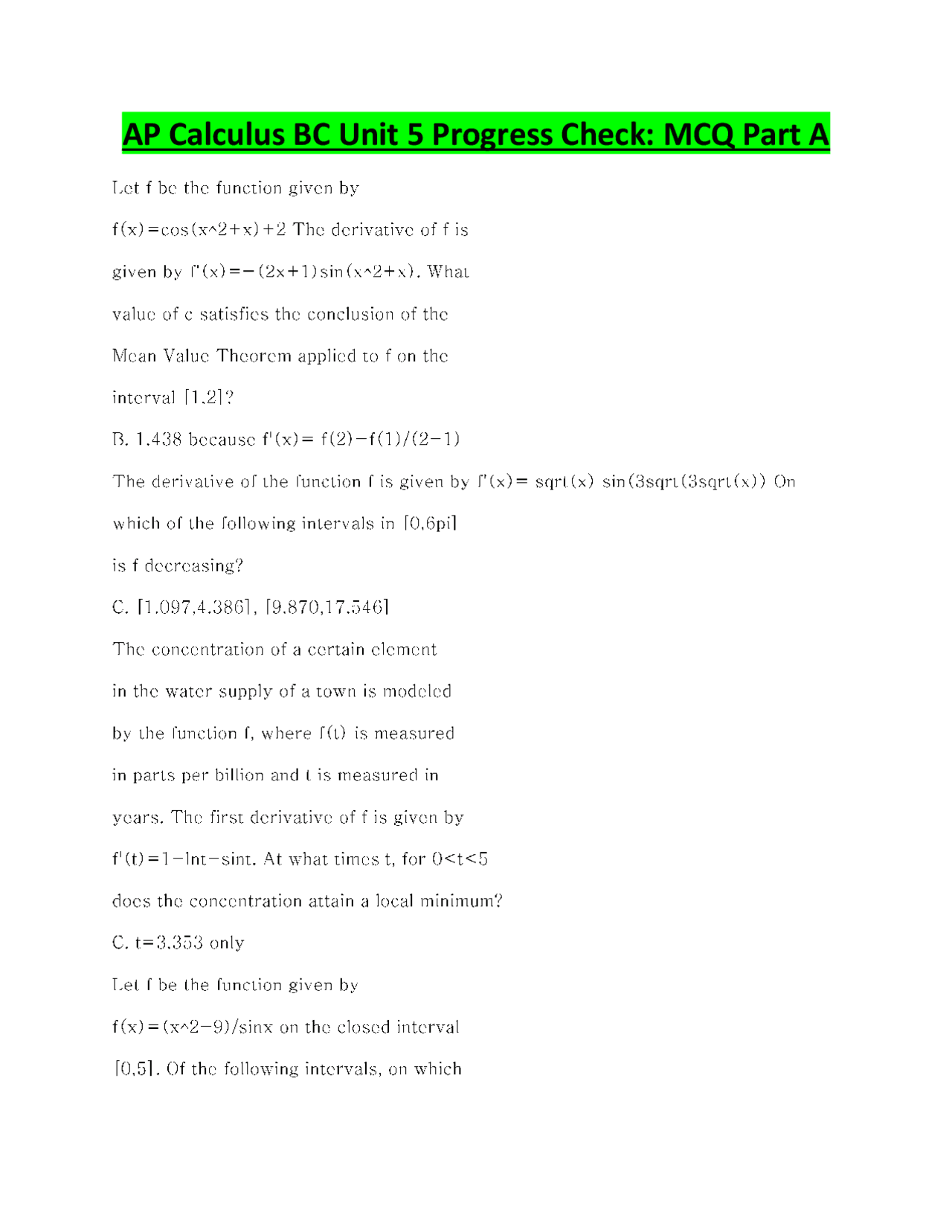 AP Calculus BC Unit 5 Progress Check: MCQ Part A 2025 Exams | Exams Advanced Calculus | Docsity