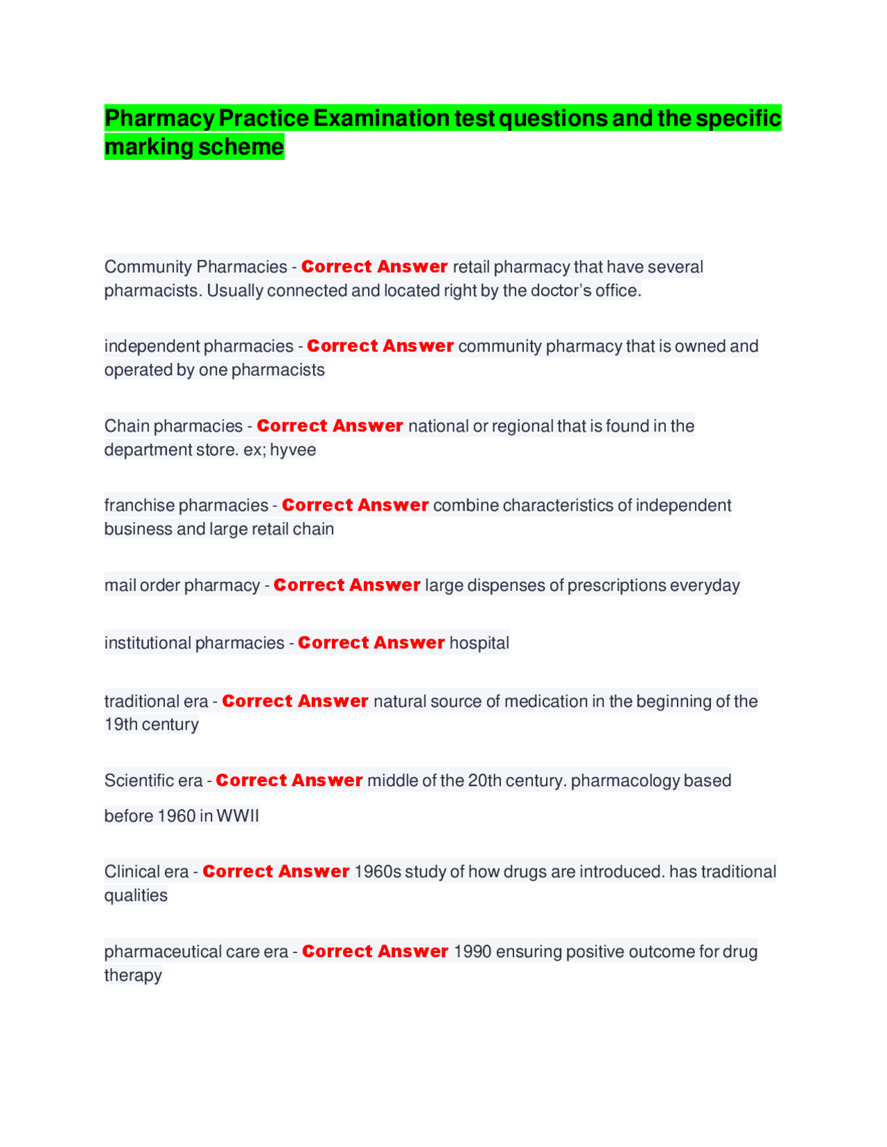 Pharmacy Practice Examination: Key Concepts and Definitions | Exams Pharmacy | Docsity