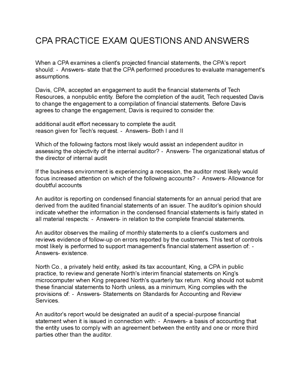 CPA Practice Exam Questions and Answers: Auditing and Accounting ...