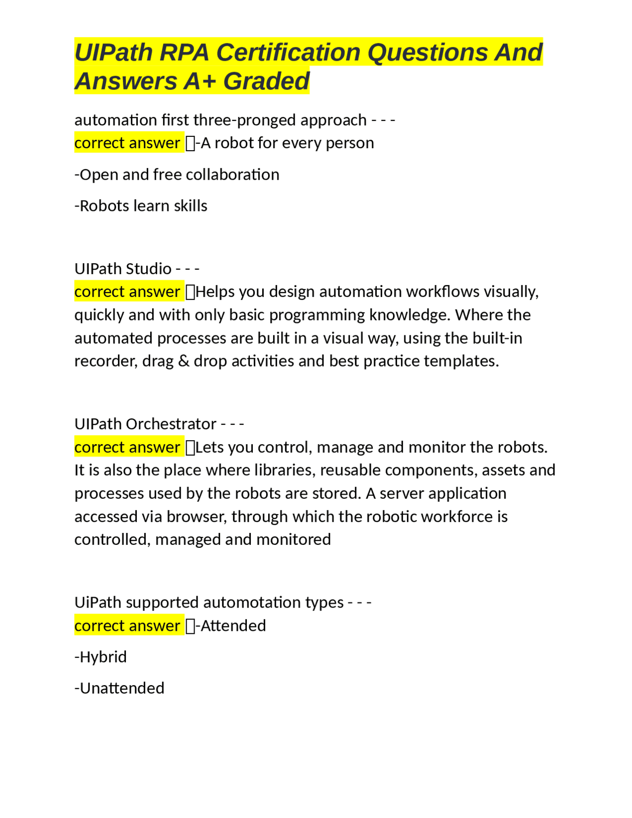 UIPath RPA Certification Questions and Answers | Exams Physics | Docsity