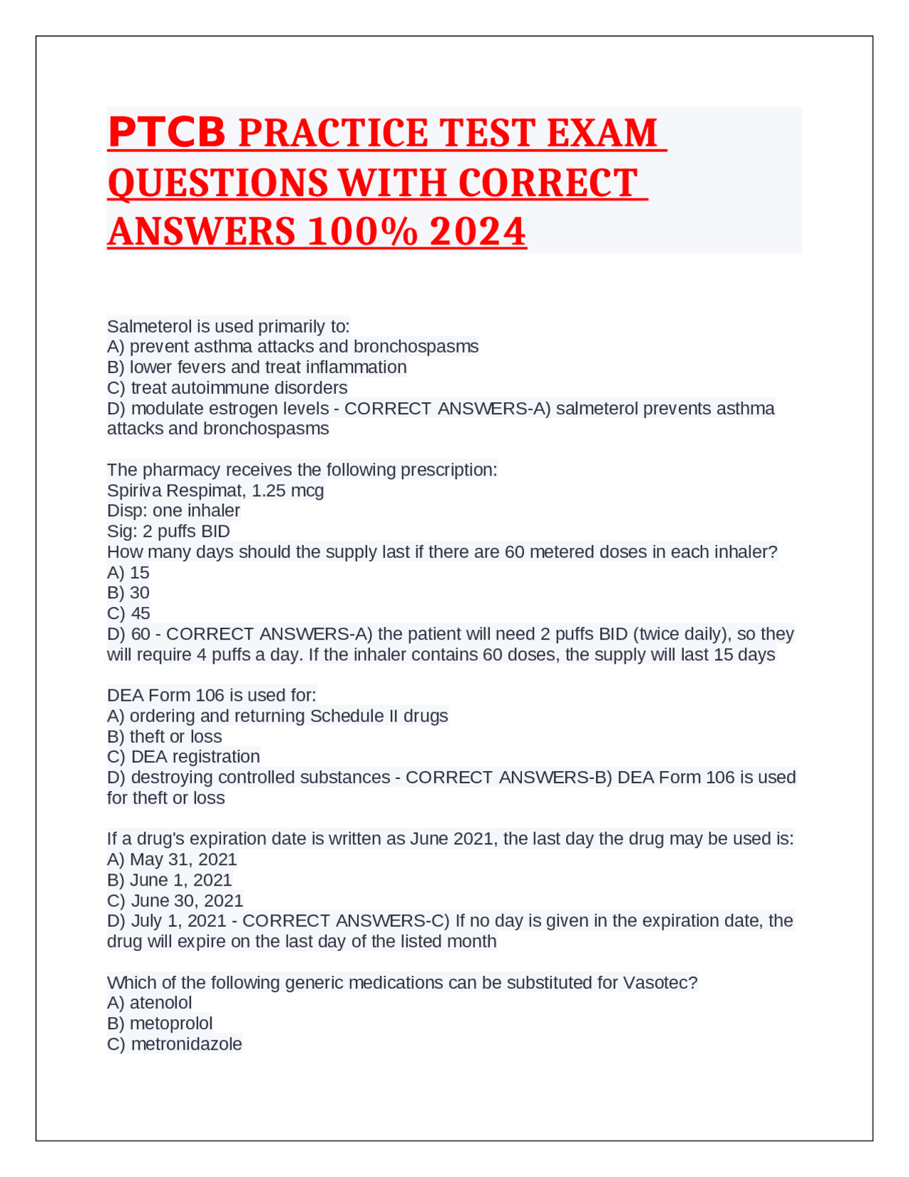 PTCB Practice Test Exam Questions with Correct Answers 2024 | Exams ...