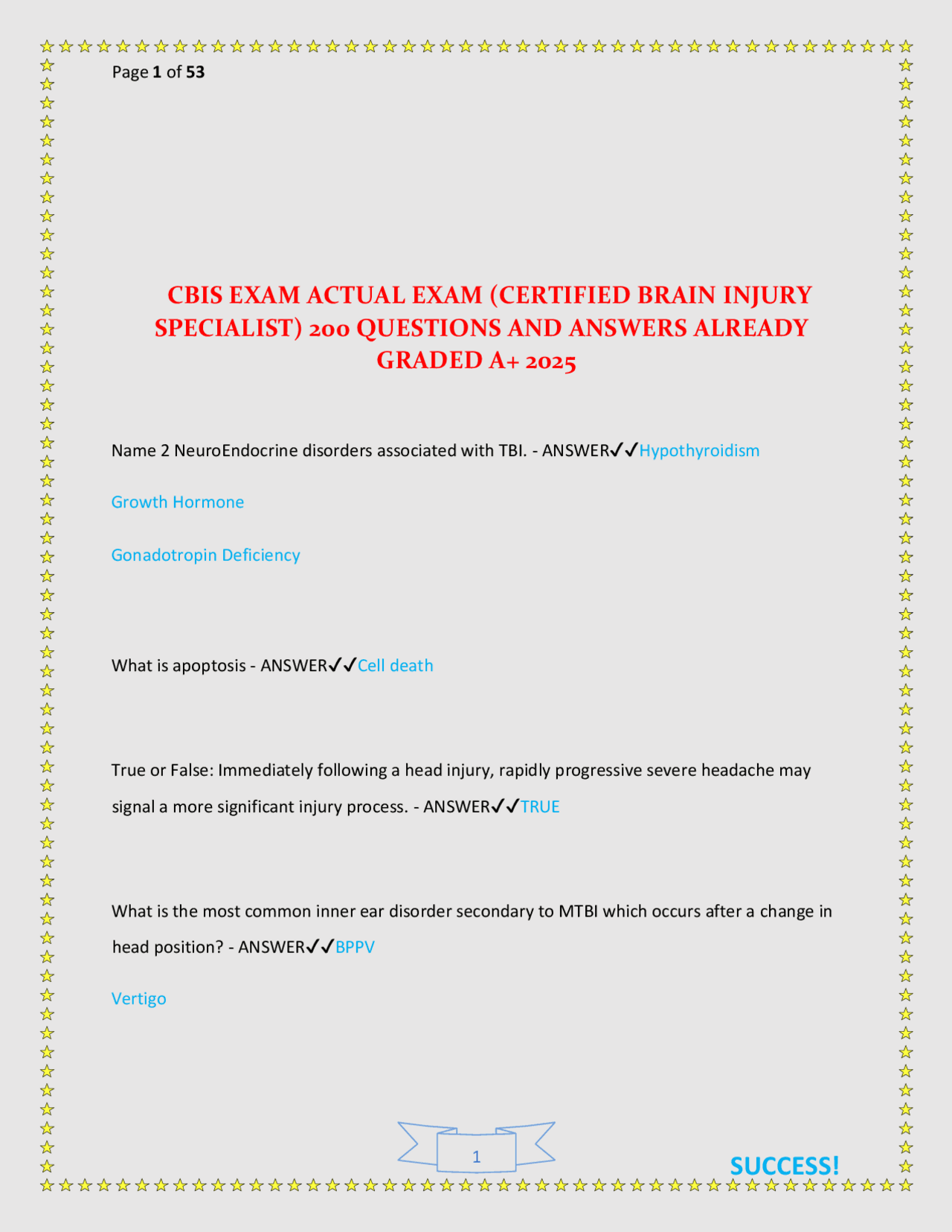 CBIS Exam Actual Exam (Certified Brain Injury Specialist) 200 Questions ...