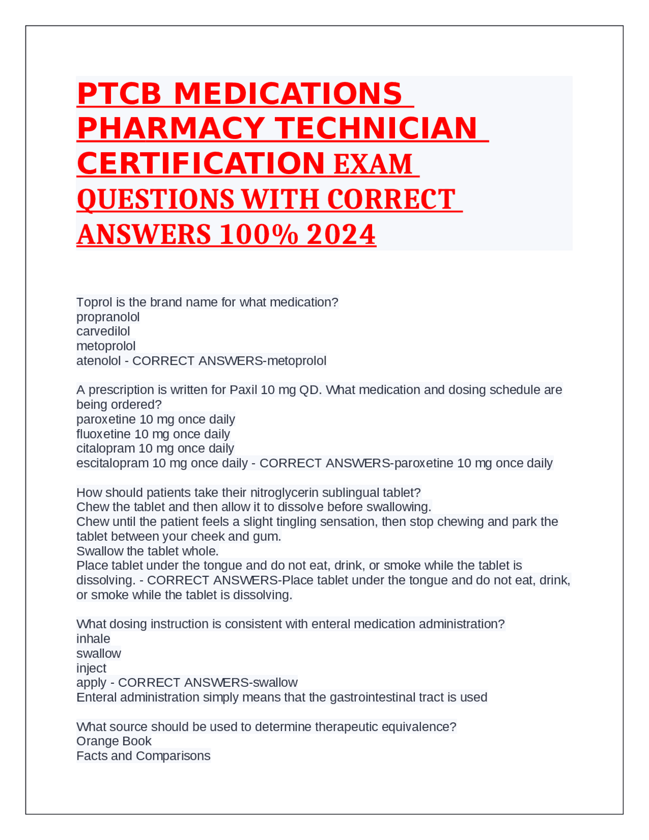 PTCB Medications Pharmacy Technician Certification Exam Questions and ...