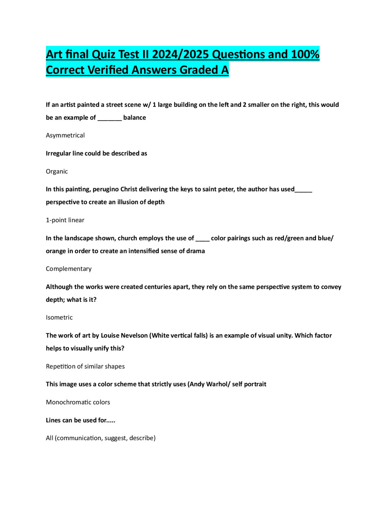Art final Quiz Test II 2024/2025 Questions and 100% Correct Verified ...
