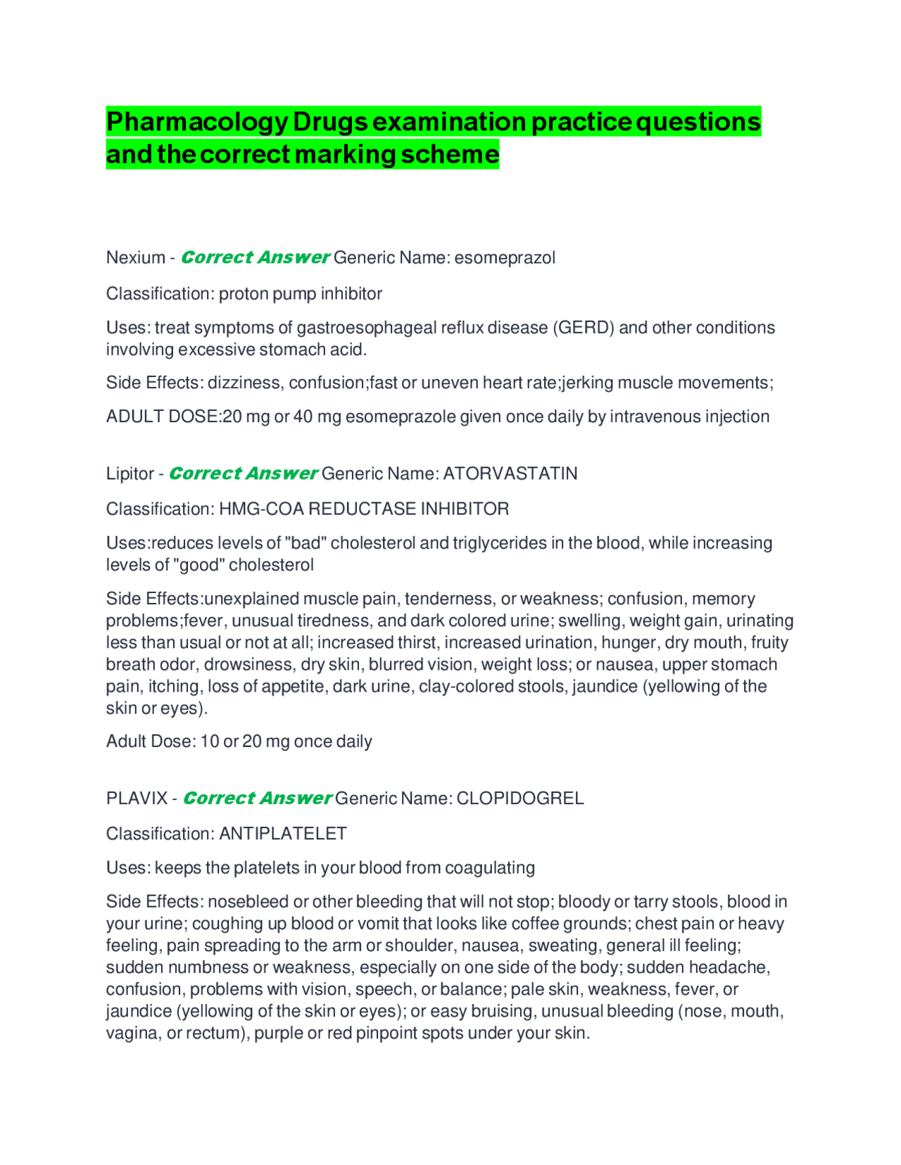 Pharmacology Drugs Examination Practice Questions and Answers | Exams ...