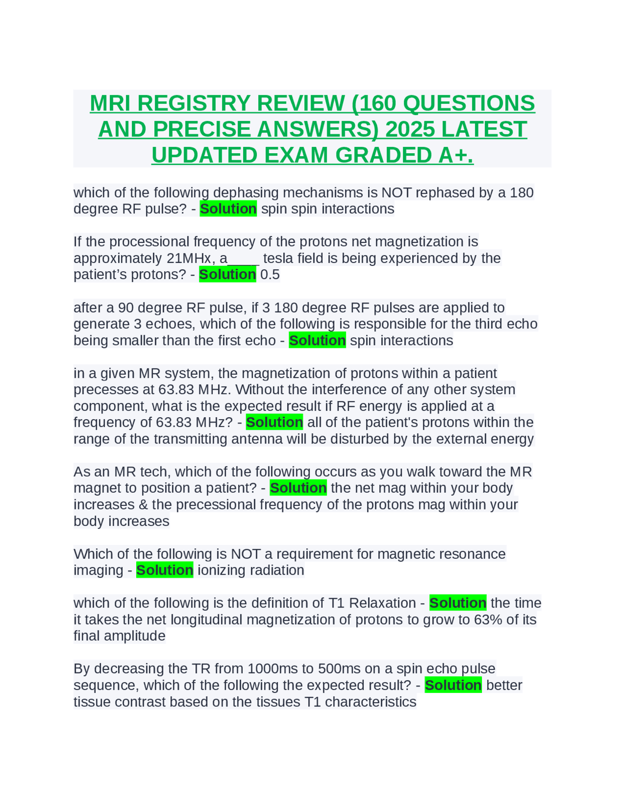 MRI REGISTRY REVIEW (160 QUESTIONS AND PRECISE ANSWERS) 2025 LATEST ...