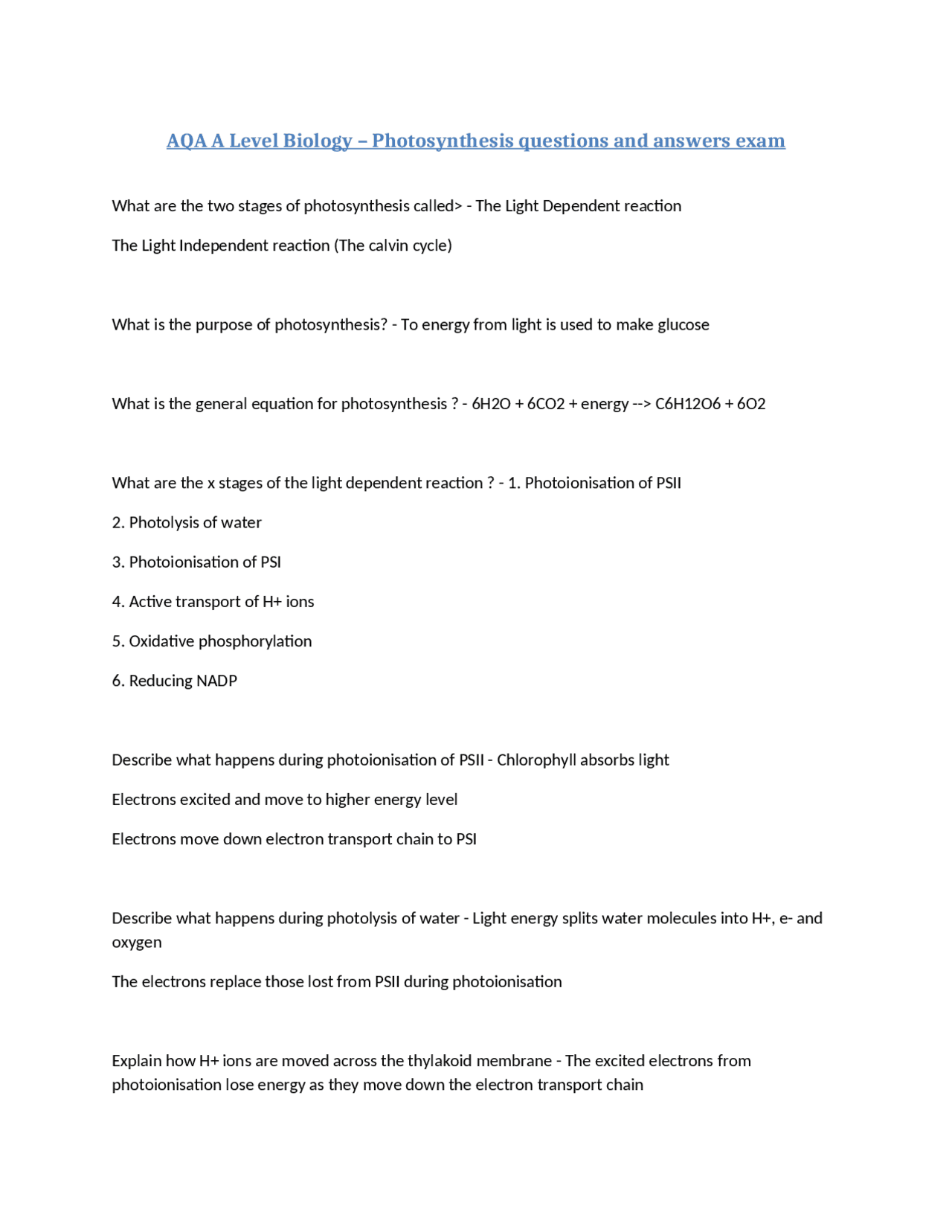 AQA A Level Biology - Photosynthesis Questions and Answers Exam | Exams ...