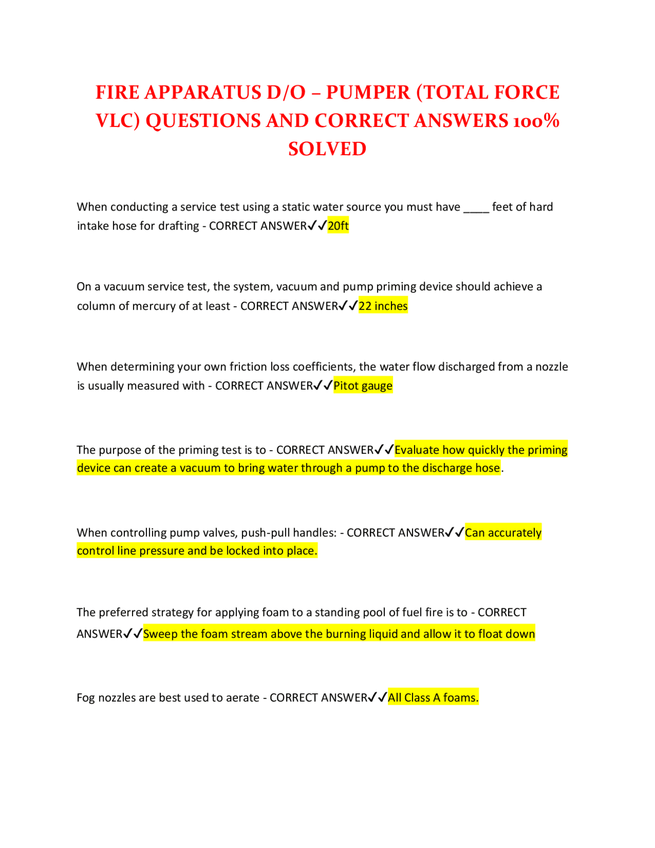 Fire Apparatus D/O – Pumper (Total Force VLC) Questions and Answers ...