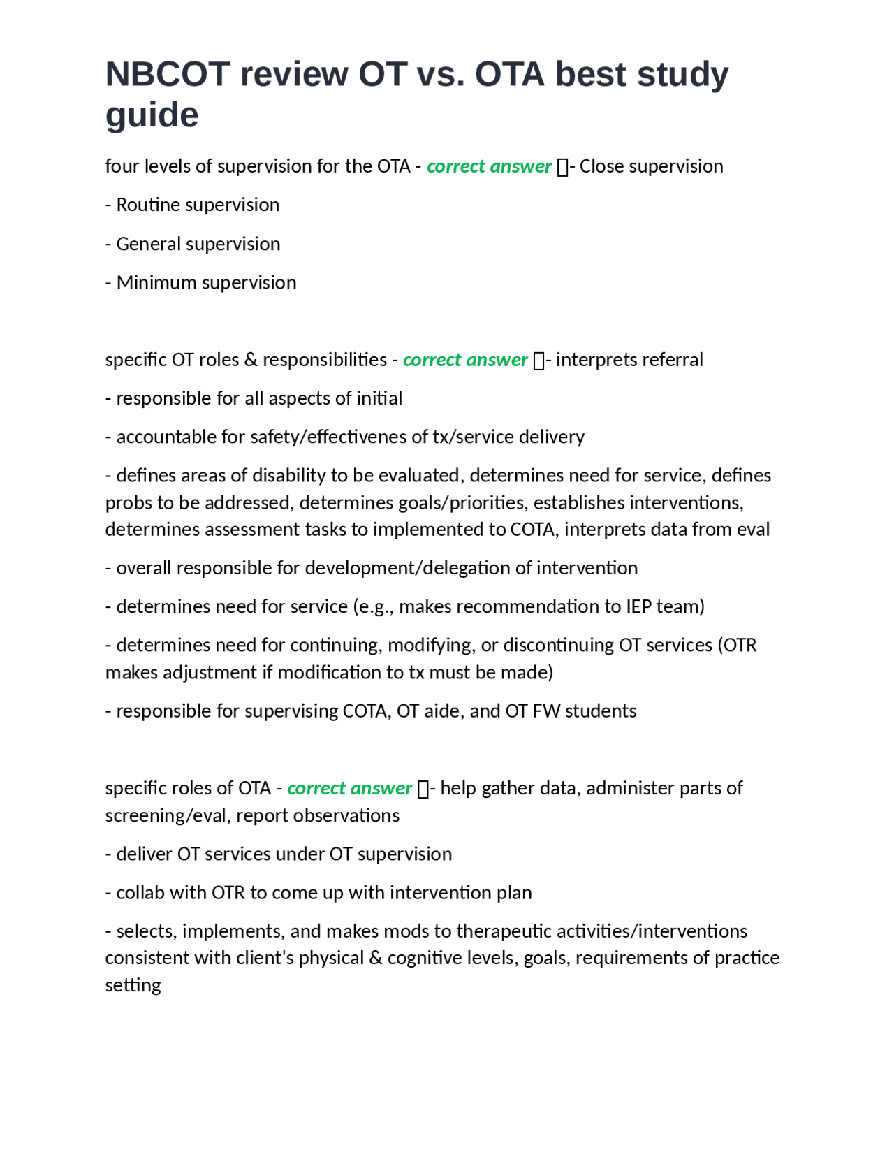 NBCOT review OT vs. OTA best study guide | Exams Nursing | Docsity