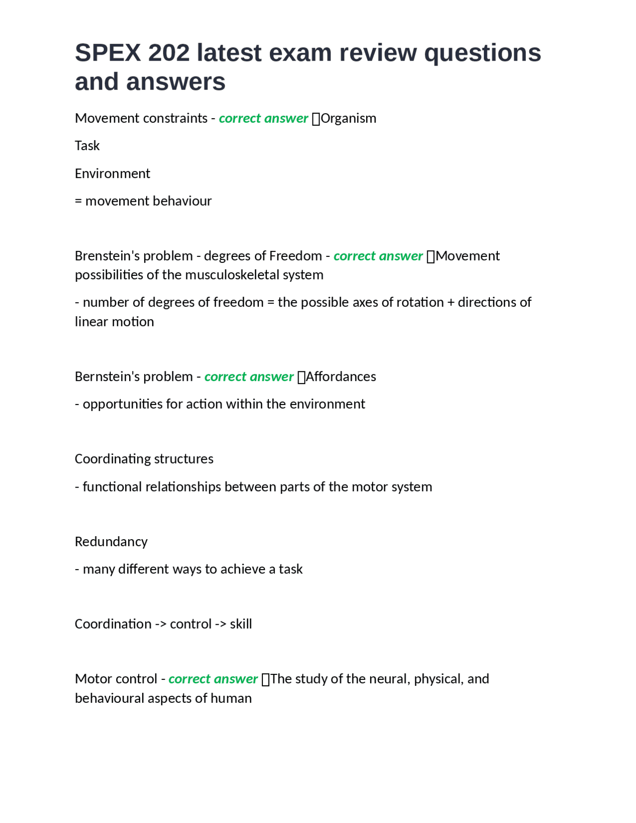 SPEX 202 Exam Review Questions and Answers: Motor Control, Development ...