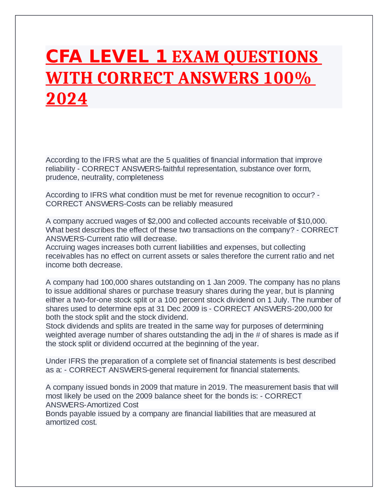 CFA LEVEL 1 EXAM QUESTIONS WITH CORRECT ANSWERS 100% 2024 | Exams Advanced Education | Docsity