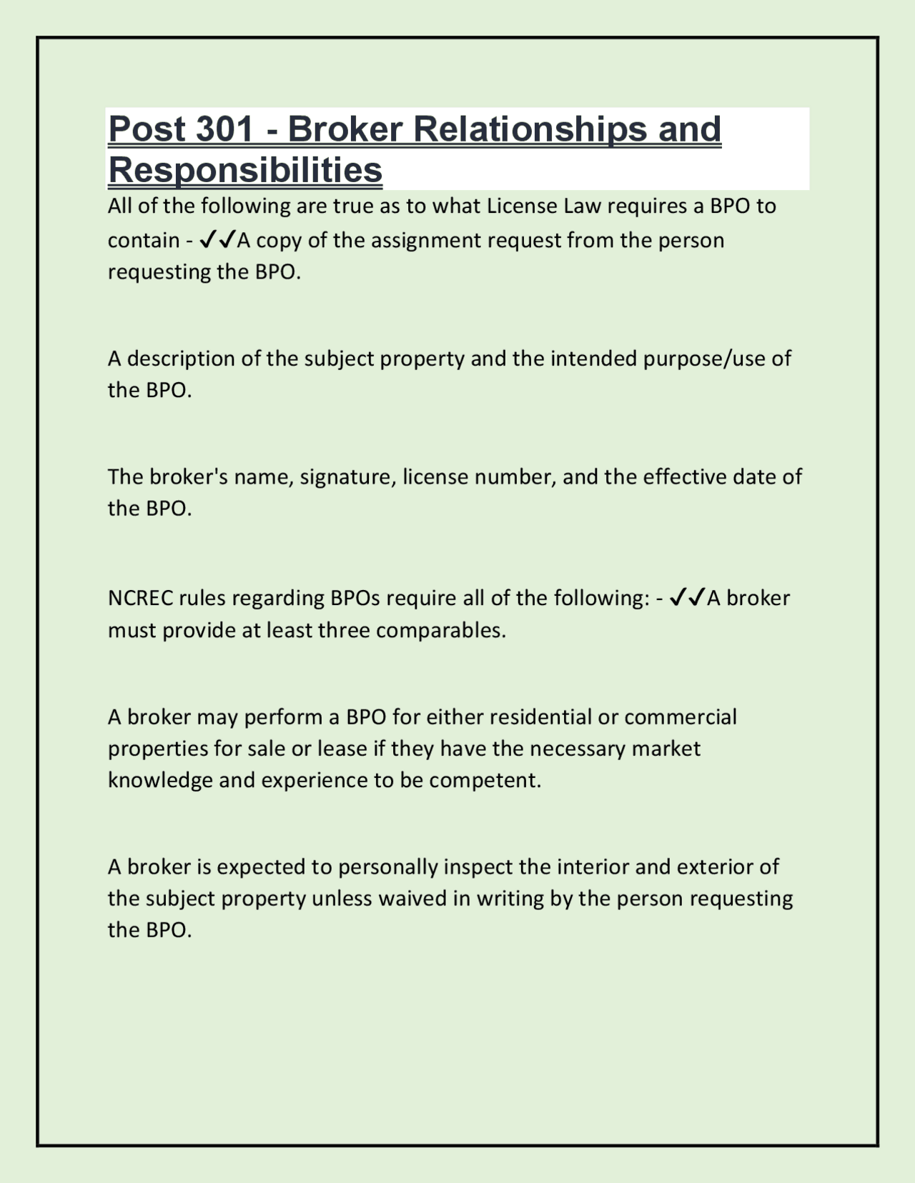 Post 301 - Broker Relationships and Responsibilities|questions and ...