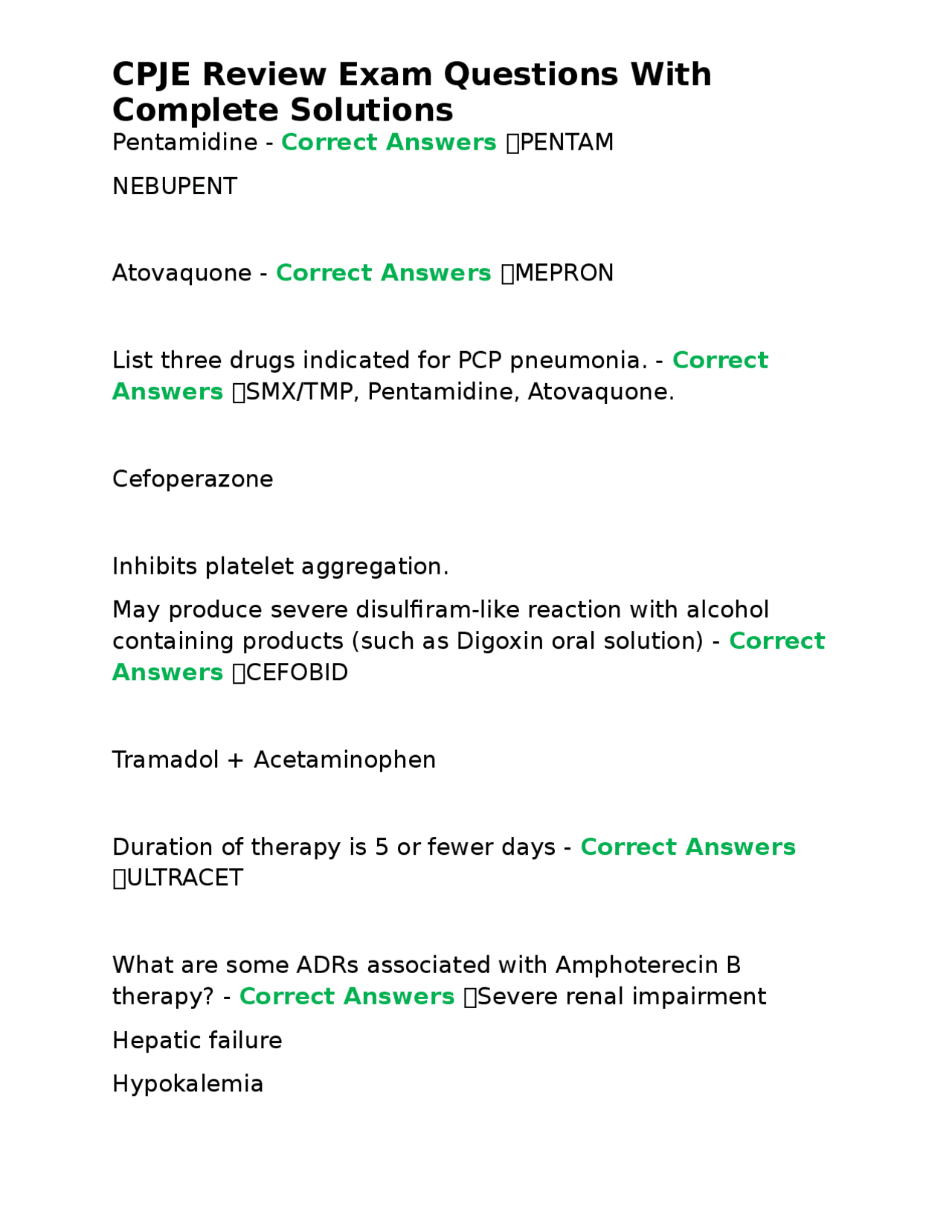 CPJE Review Exam Questions with Complete Solutions: Pharmacology and ...