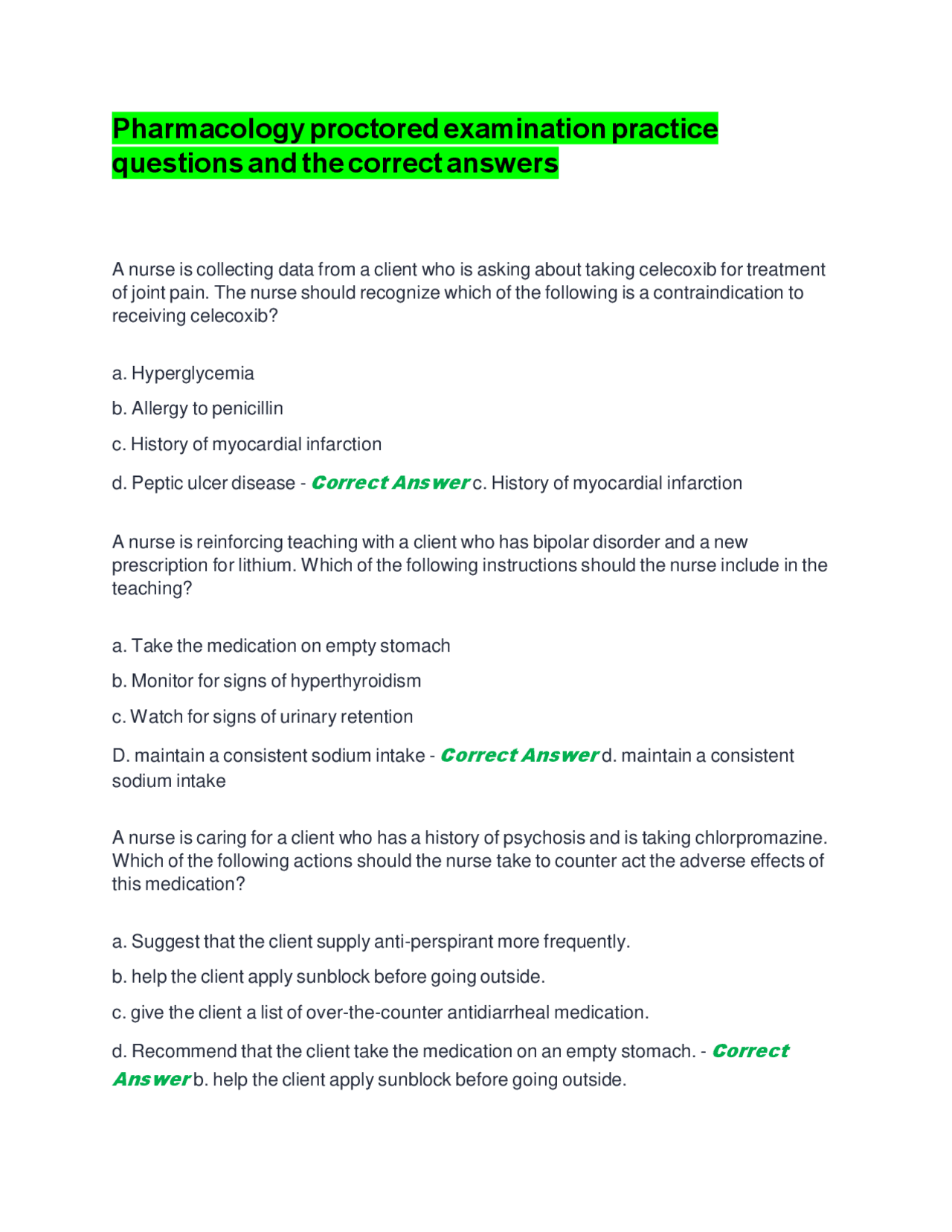 Pharmacology Proctored Examination Practice Questions and Answers | Exams Pharmacy | Docsity