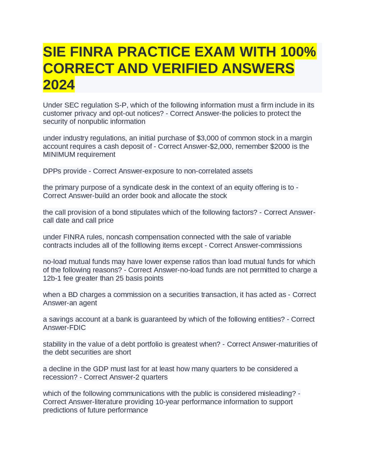 FINRA Practice Exam with Answers: 2024 | Exams Advanced Education | Docsity