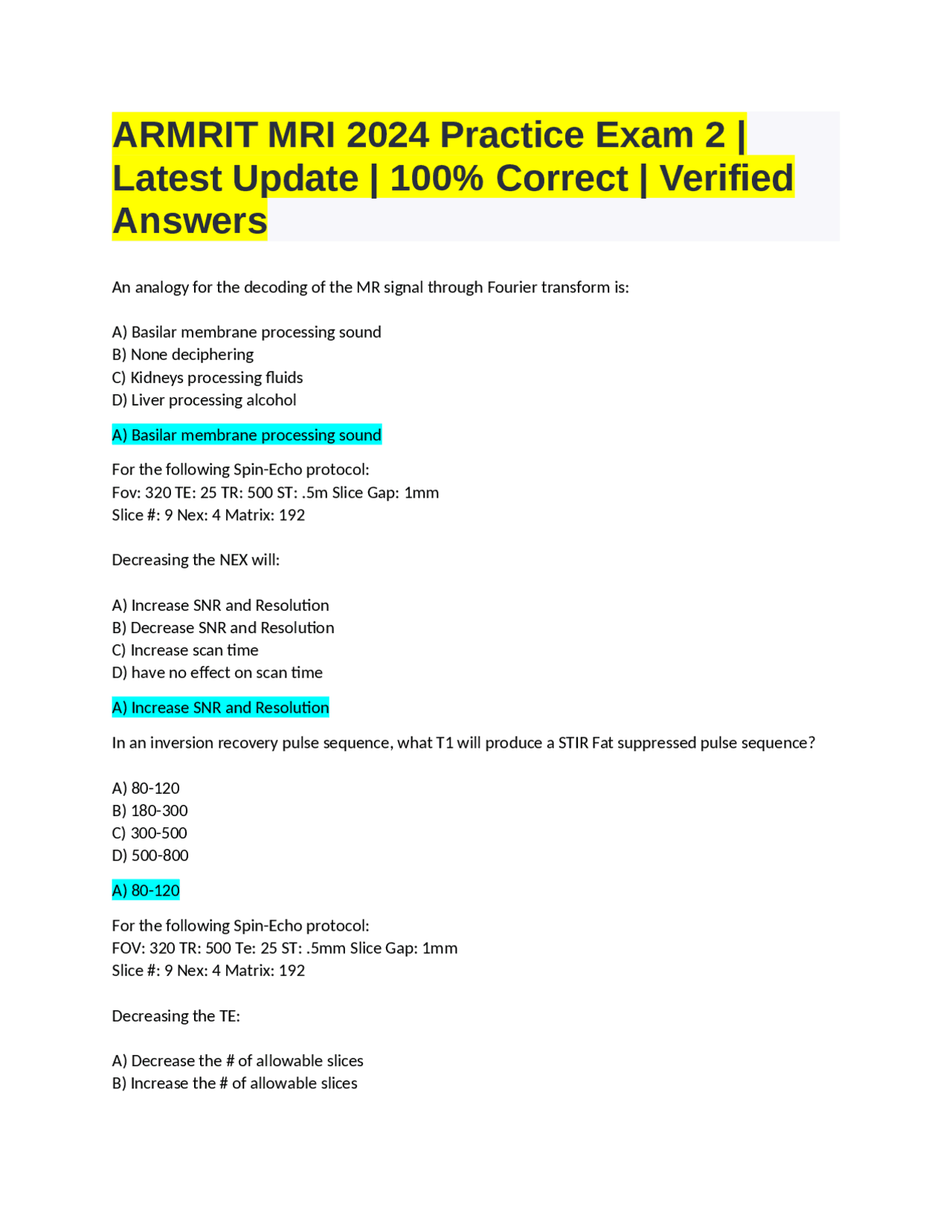 ARMRIT MRI 2024 Practice Exam 2 | Latest Update | 100% Correct ...