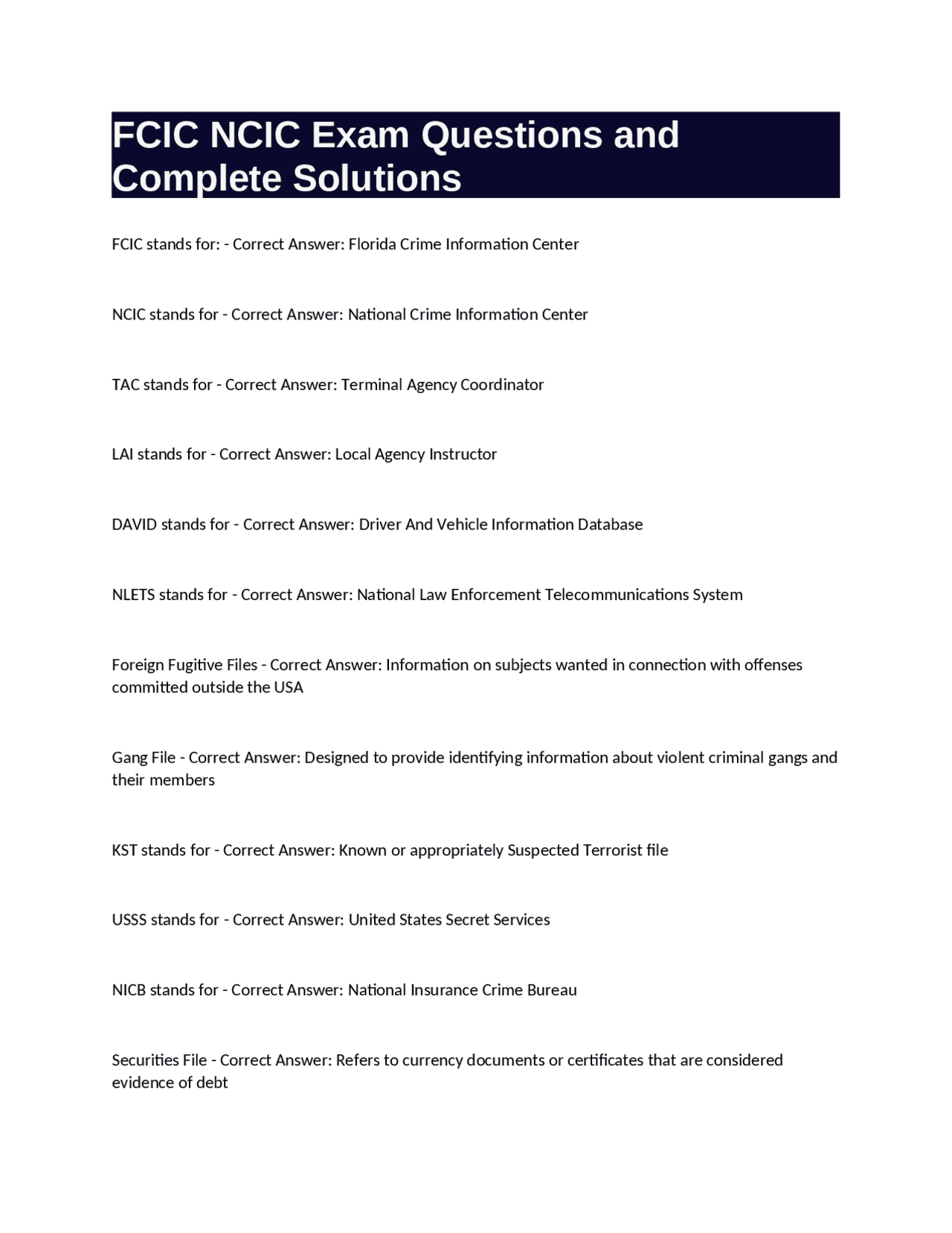 FCIC NCIC Exam Questions and Complete Solutions | Exams Nursing | Docsity