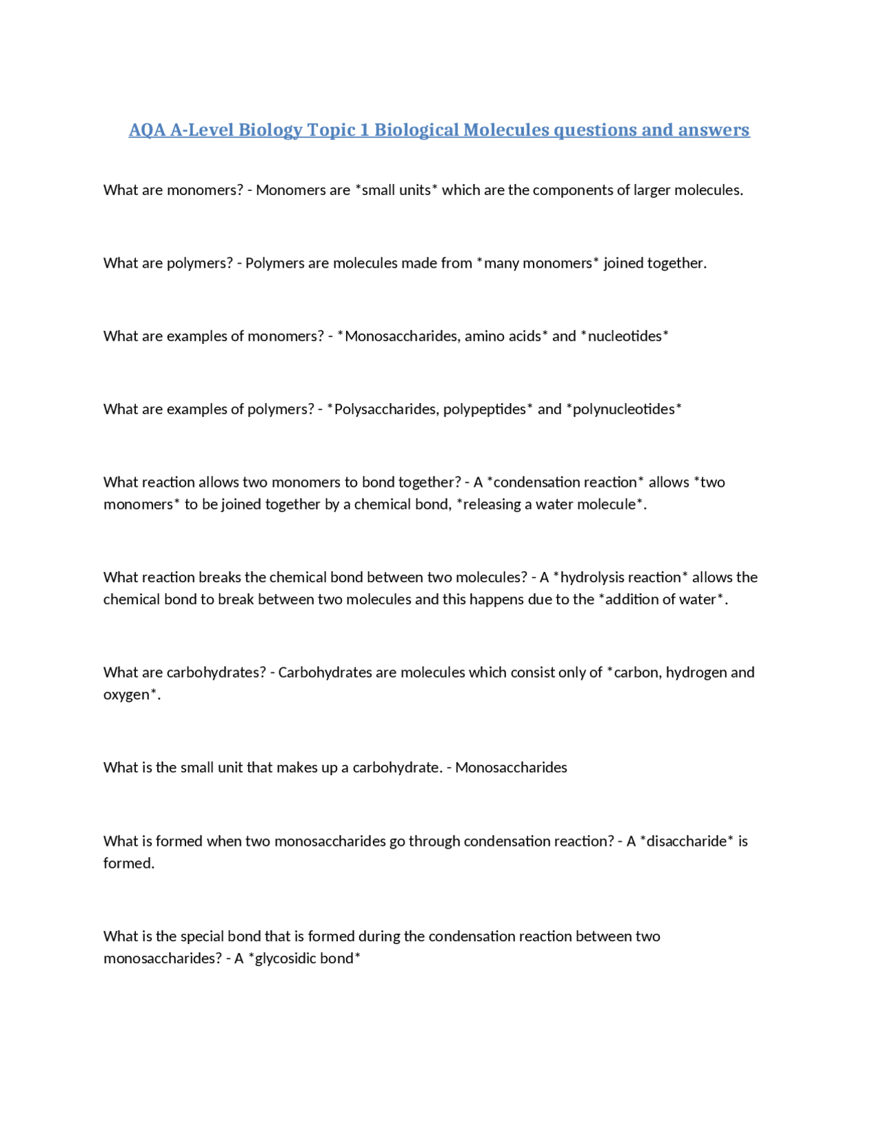 AQA A-Level Biology Topic 1 Biological Molecules: Questions and Answers ...