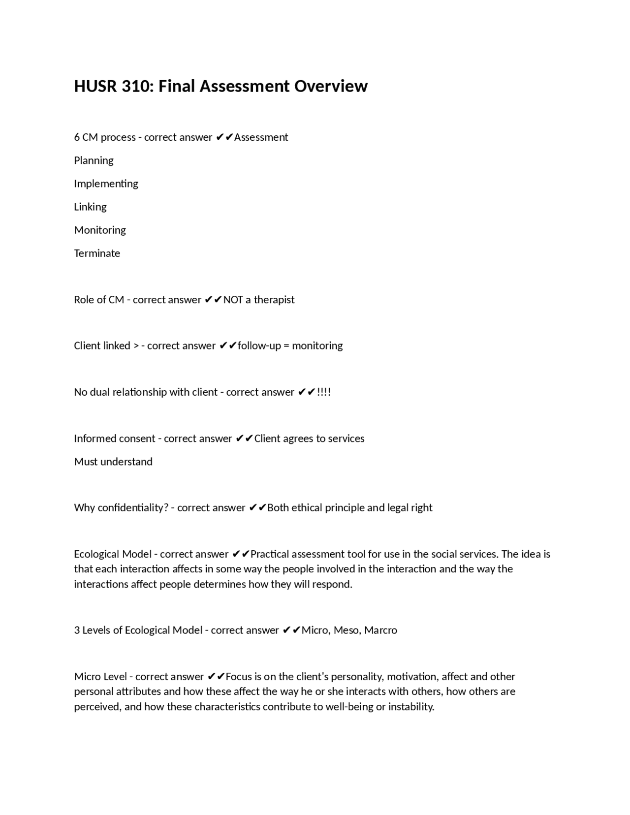HUSR 310: Final Assessment Overview - Key Concepts and Best Practices in Case Management | Exams ...