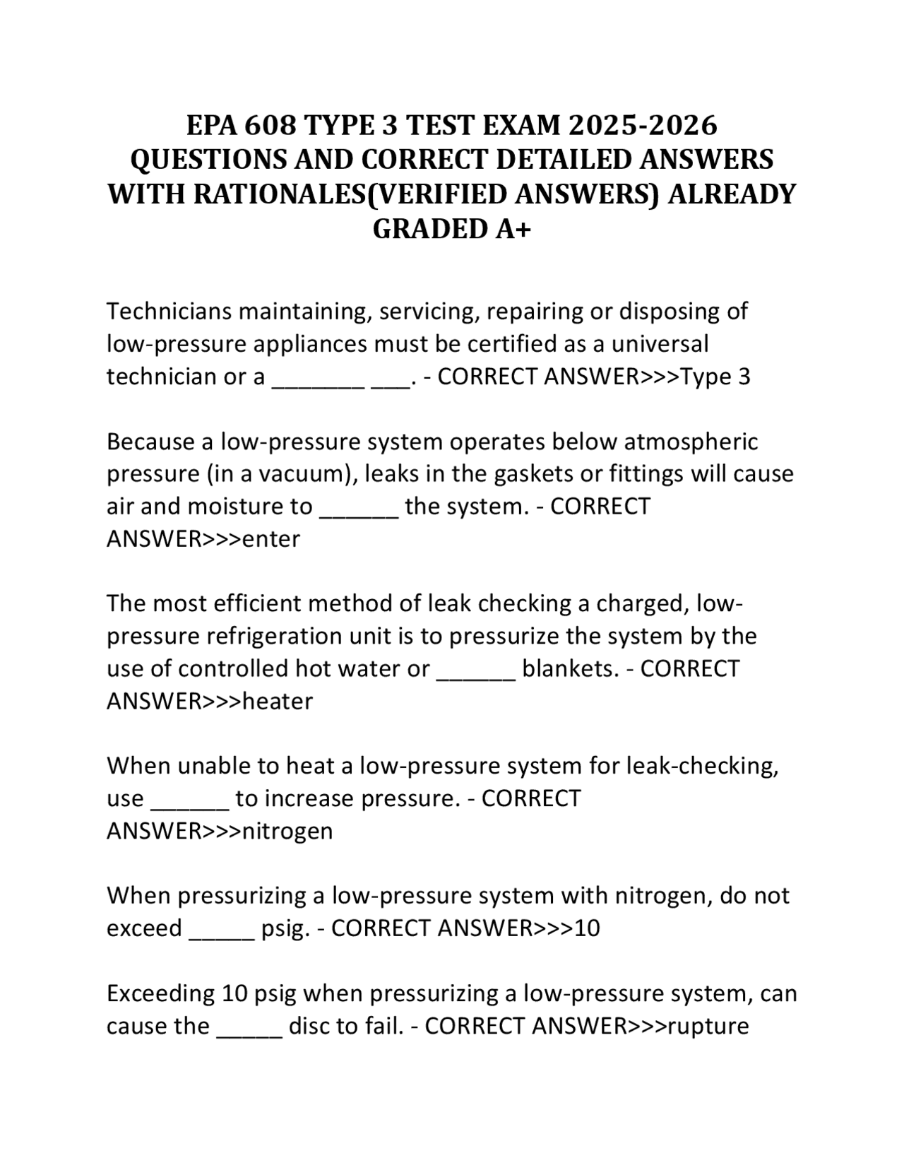 EPA 608 Type 3 Test Exam: Questions and Answers with Rationales | Exams ...