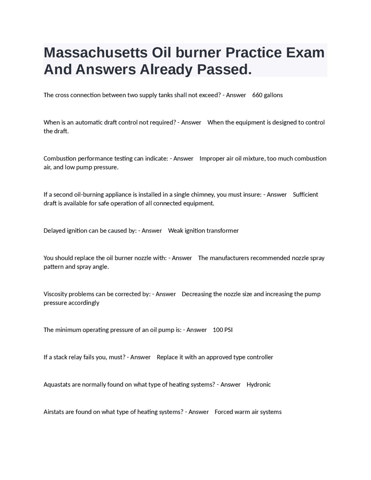 Massachusetts Oil Burner Practice Exam and Answers | Exams Advanced ...