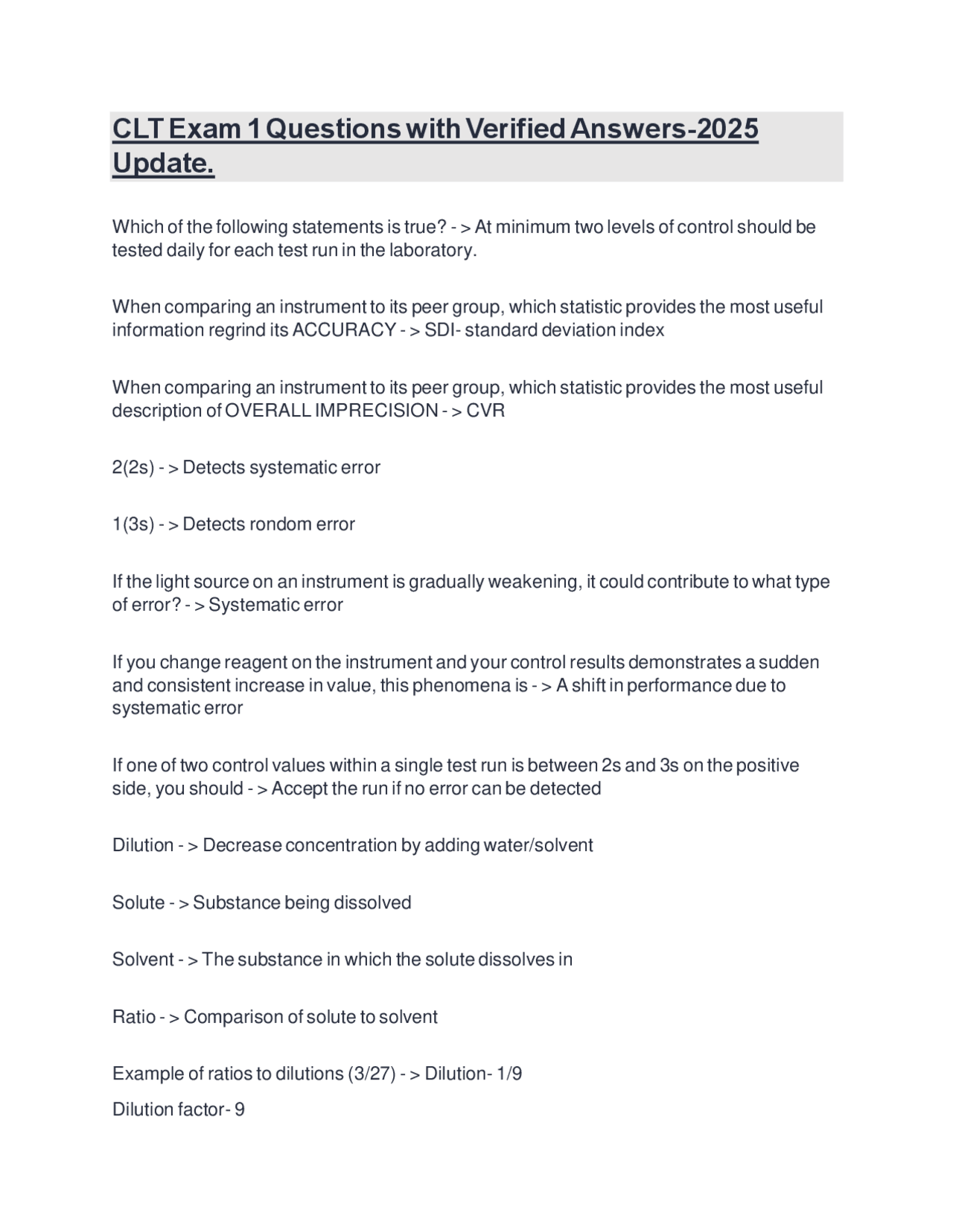 CLT Exam 1 Questions with Verified Answers-2025 Update. | Exams Health ...