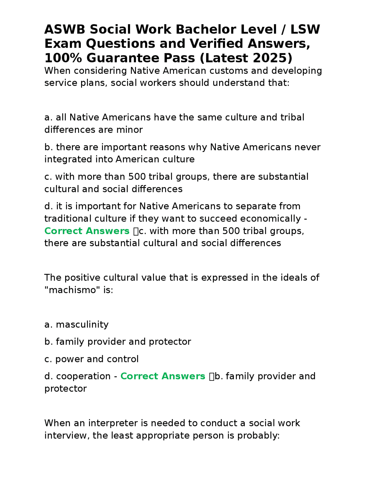 ASWB Social Work Bachelor Level / LSW Exam Questions and Verified ...