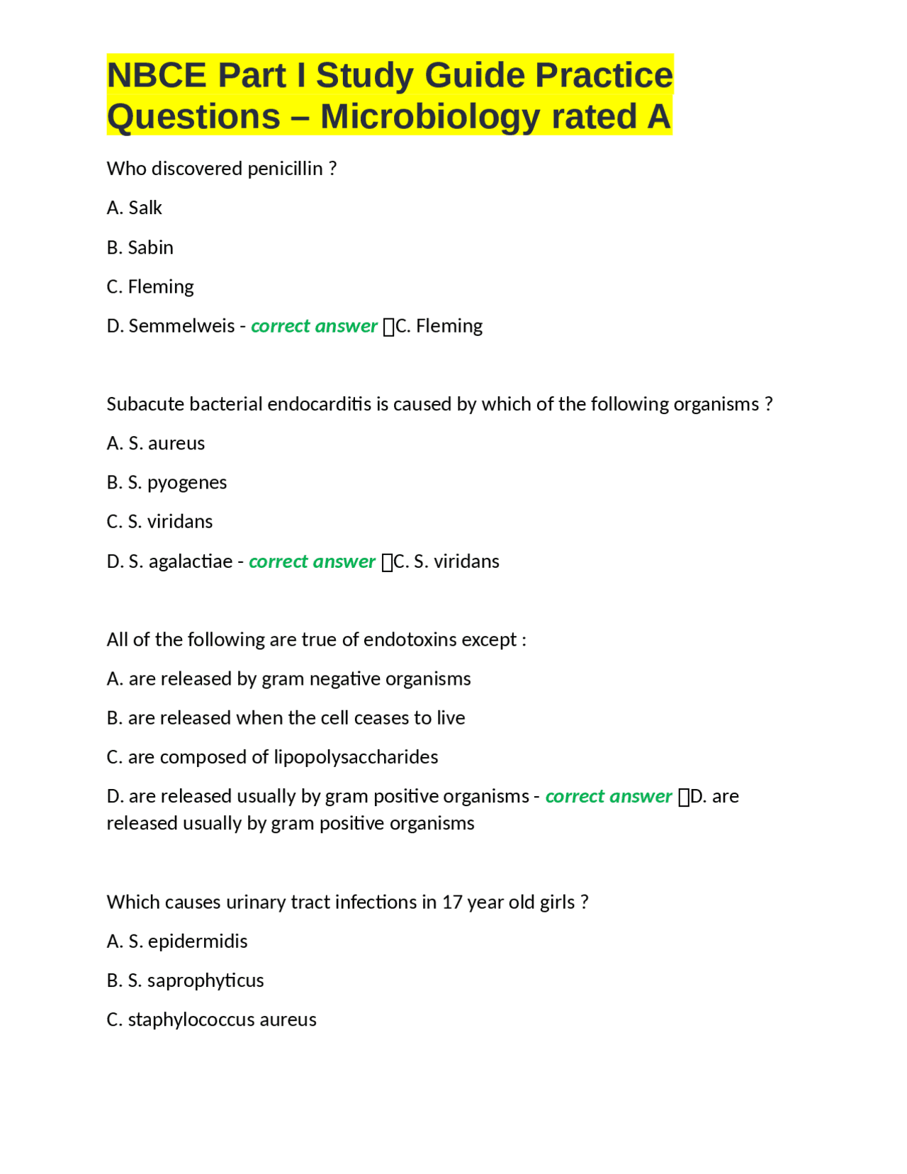 NBCE Part I Study Guide Practice Questions - Microbiology | Exams ...