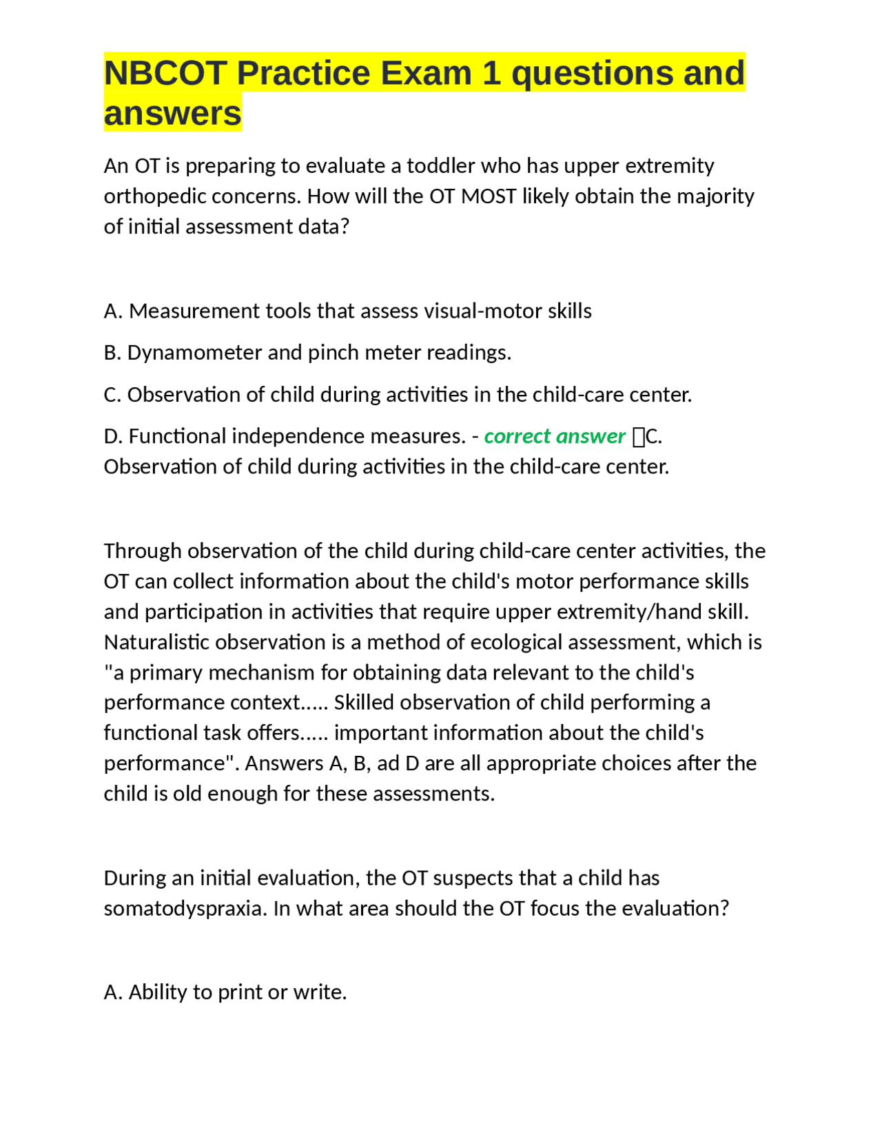 NBCOT Practice Exam 1: Occupational Therapy Questions and Answers ...